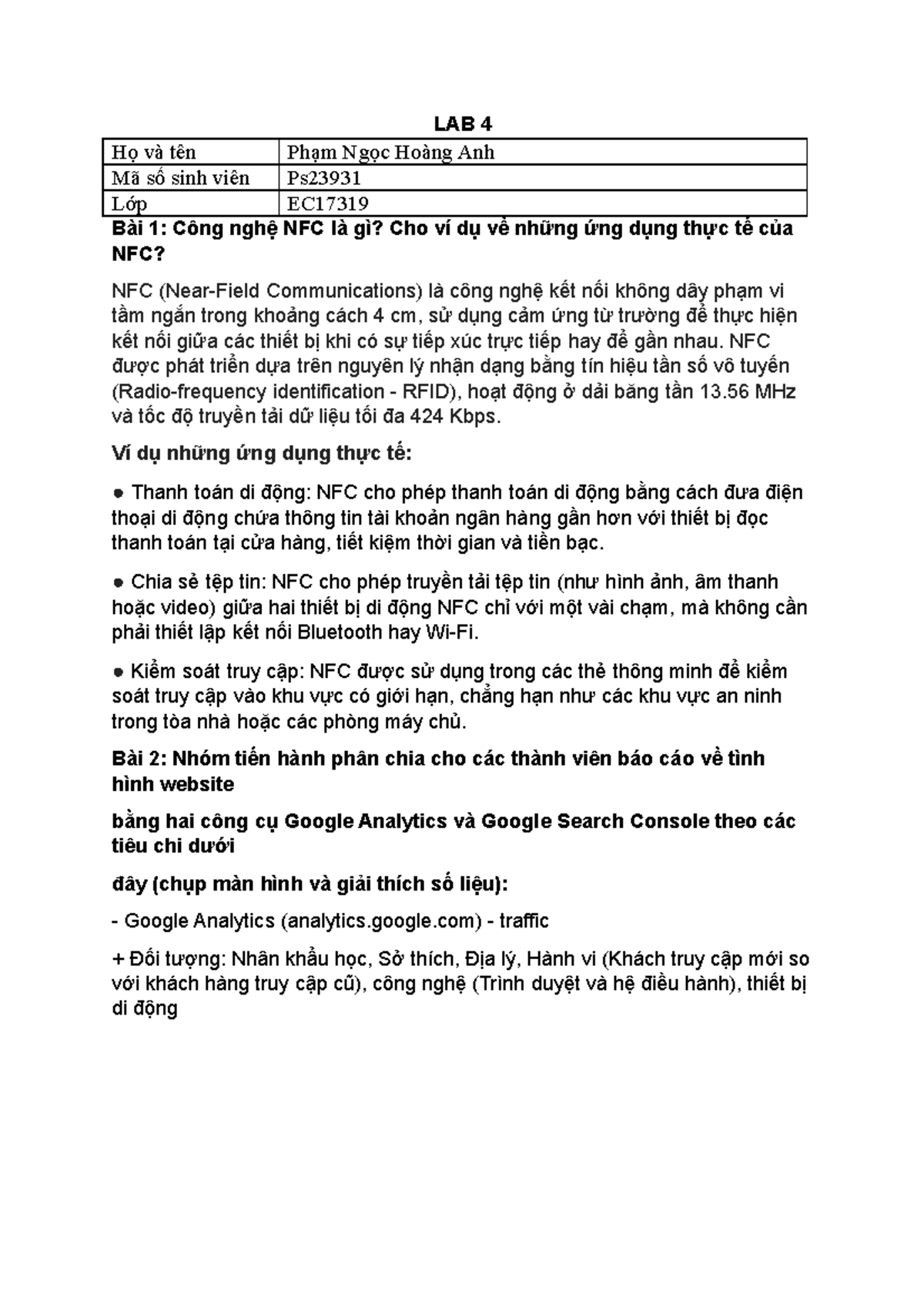 LAB 4 Phạm Ngọc Hoàng Anh PS23931 - LAB 4 Họ và tên Phạm Ngọc Hoàng Anh Mã số sinh viên Ps Lớp ...