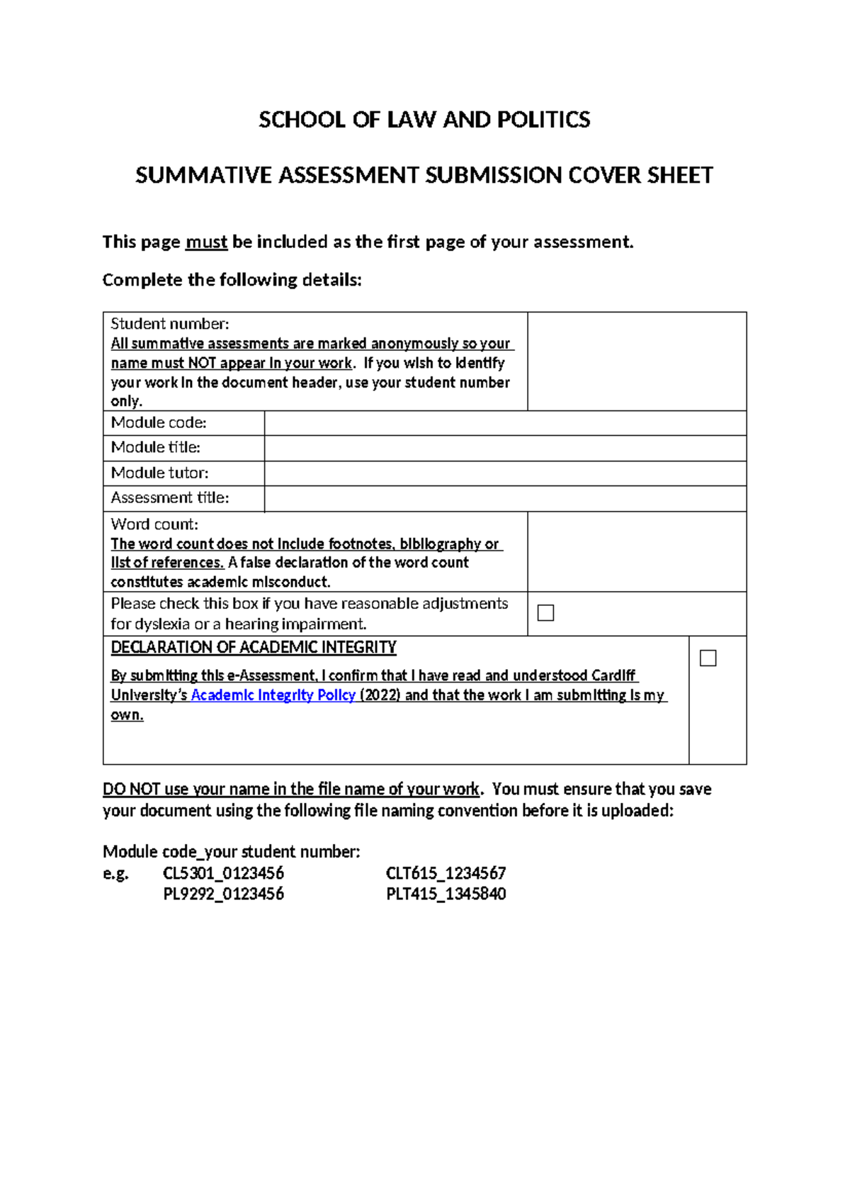 Summative assessment coversheet - SCHOOL OF LAW AND POLITICS SUMMATIVE ASSESSMENT SUBMISSION ...