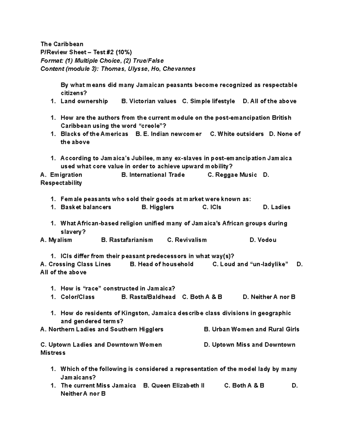 TEST 3 GUIDE for Caribbean - The Caribbean Sheet Test Format: (1 ...