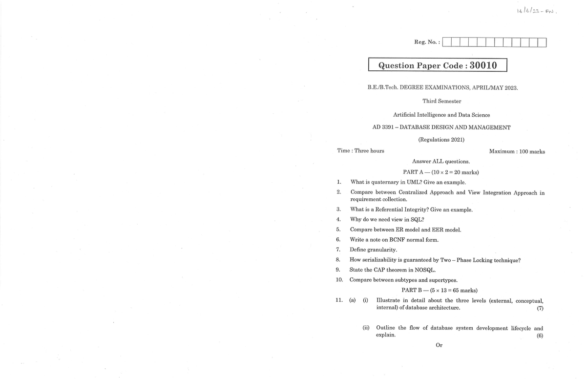 AD3391 - Database Design and Management R2021 - 2023 April - FN Reg. No ...