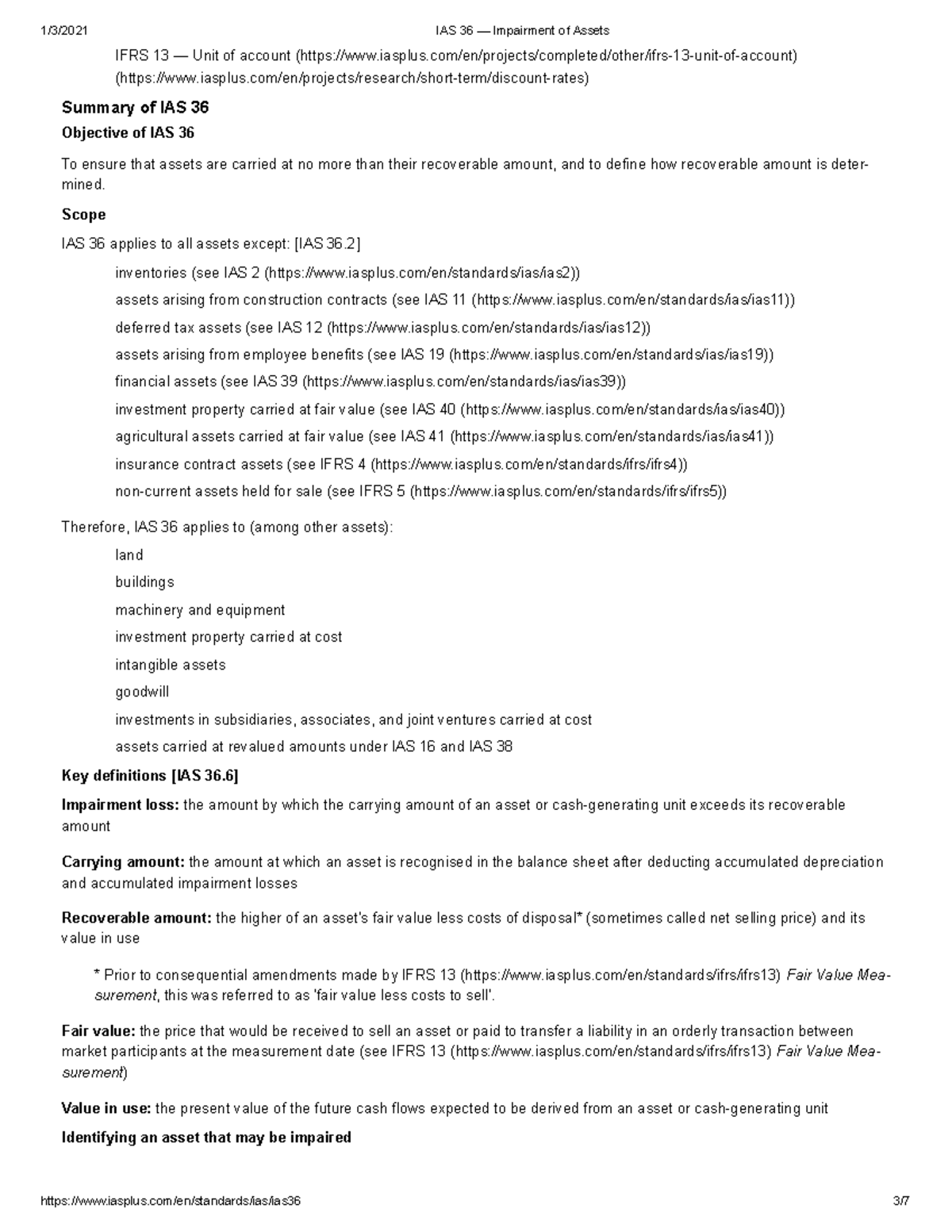 IAS 36 — Impairment of Assets - IFRS 13 — Unit of account - Studocu