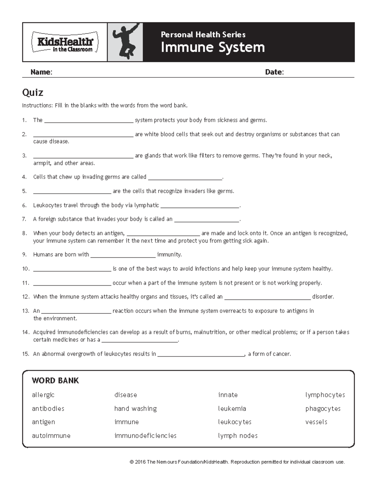 Immune system quiz asnwer key overall - © 201 6 The Nemours Foundation ...