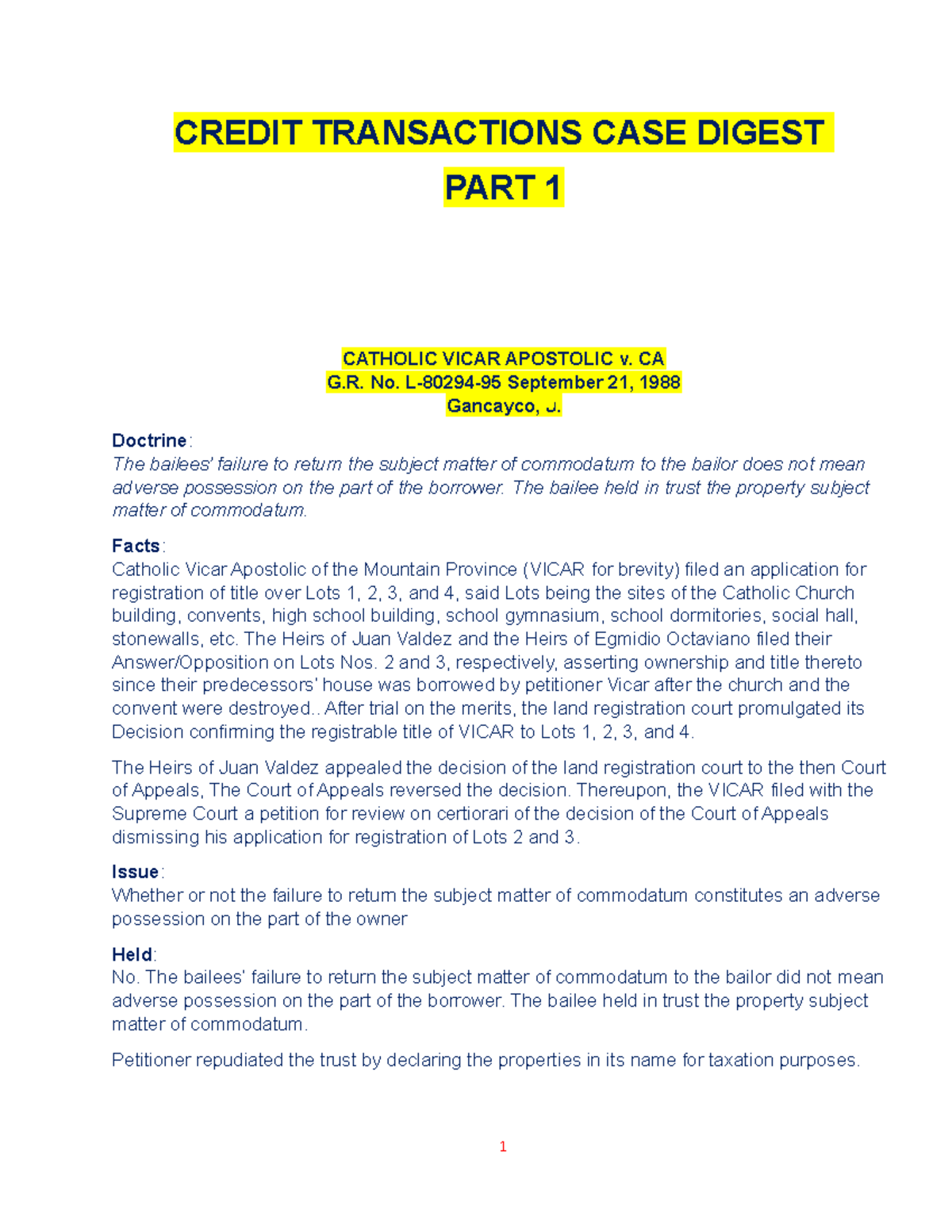 Digested cases in credit transactions - CREDIT TRANSACTIONS CASE DIGEST ...