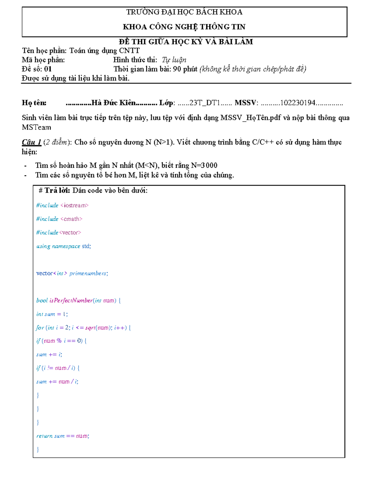 102230194 Ha Duc Kien - kho - TRƯỜNG ĐẠI HỌC BÁCH KHOA KHOA CÔNG NGHỆ THÔNG TIN ĐỀ THI GIỮA HỌC ...