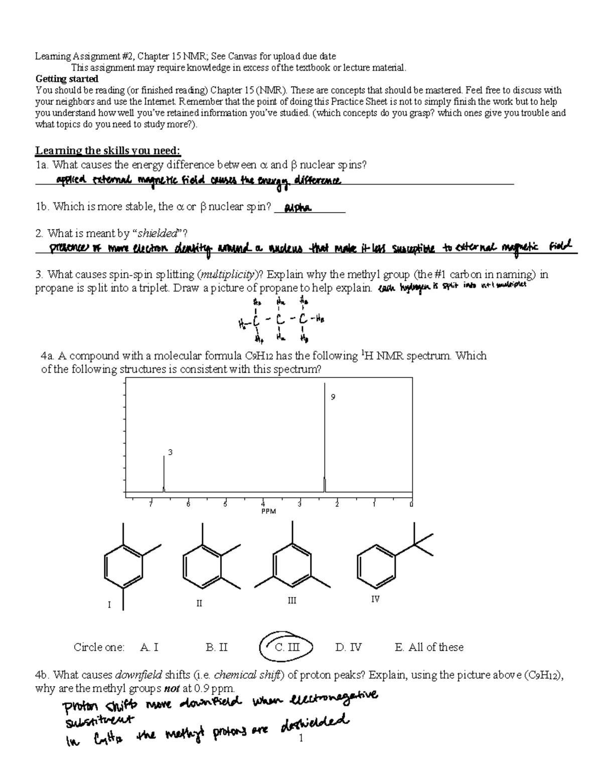 Chapter 15 Handout NMR - Learning Assignment #2, Chapter 15 NMR; See Canvas for upload due date ...