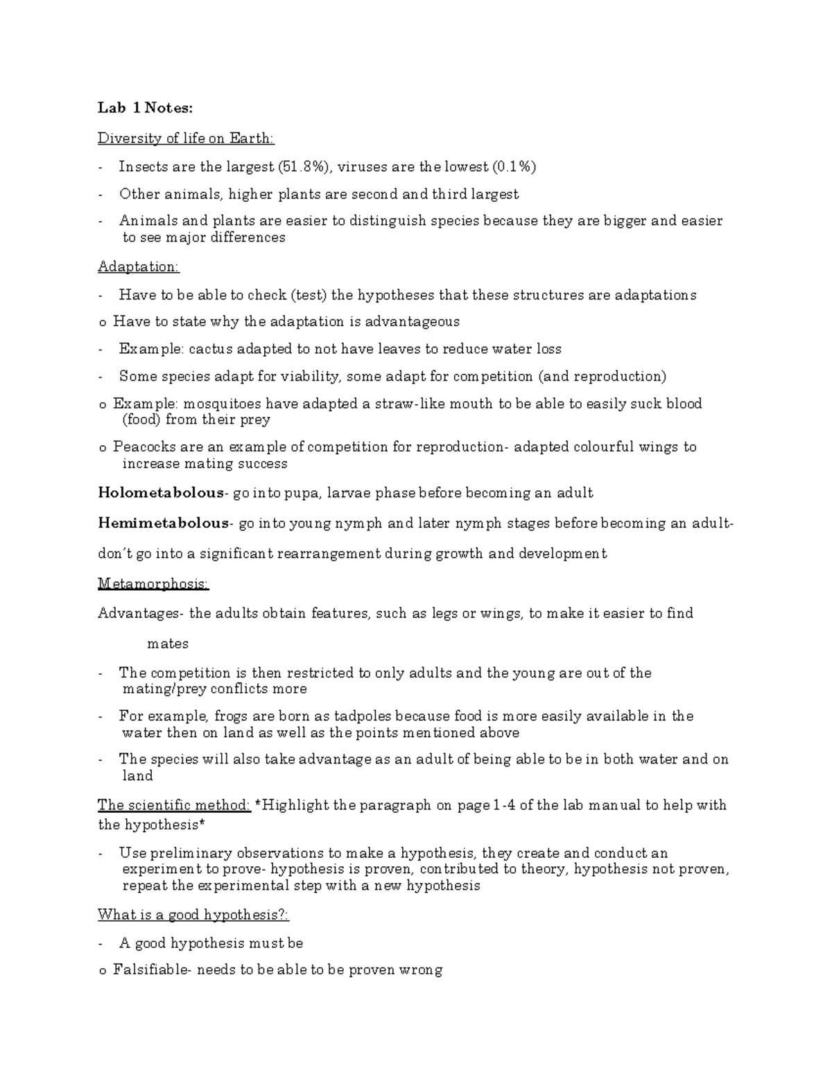Lab notes for exam - Lab 1 Notes: Diversity of life on Earth: Insects ...