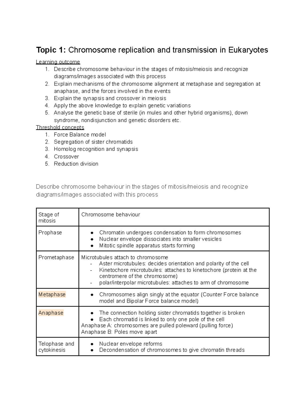 LSM2105 - personal summary - Topic 1: Chromosome replication and ...