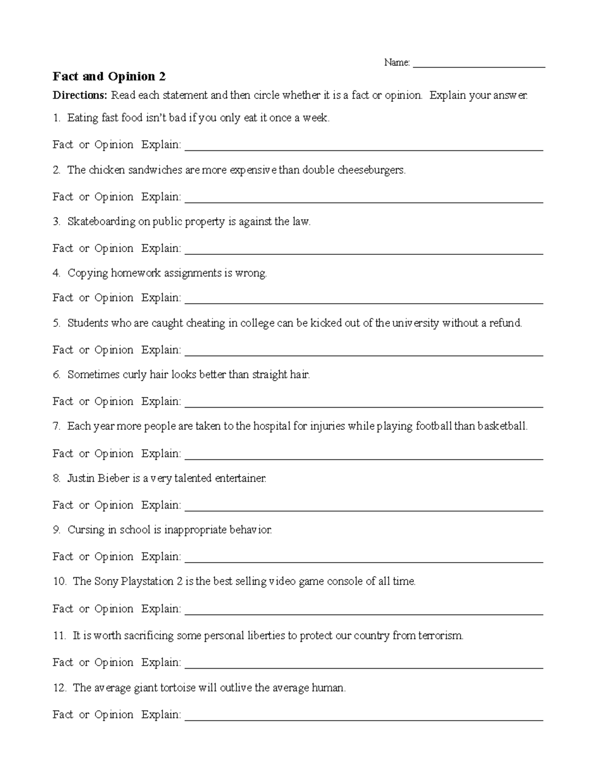 Fact and opinion worksheet 2 - Name: ___________________________ Fact ...