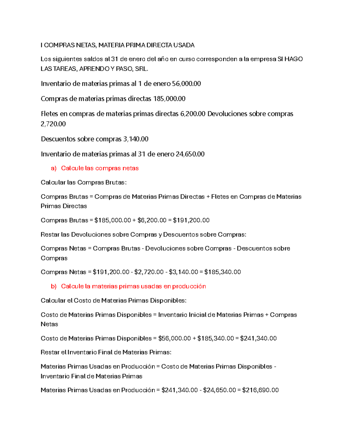 Contabilidad de costo - I COMPRAS NETAS, MATERIA PRIMA DIRECTA USADA ...