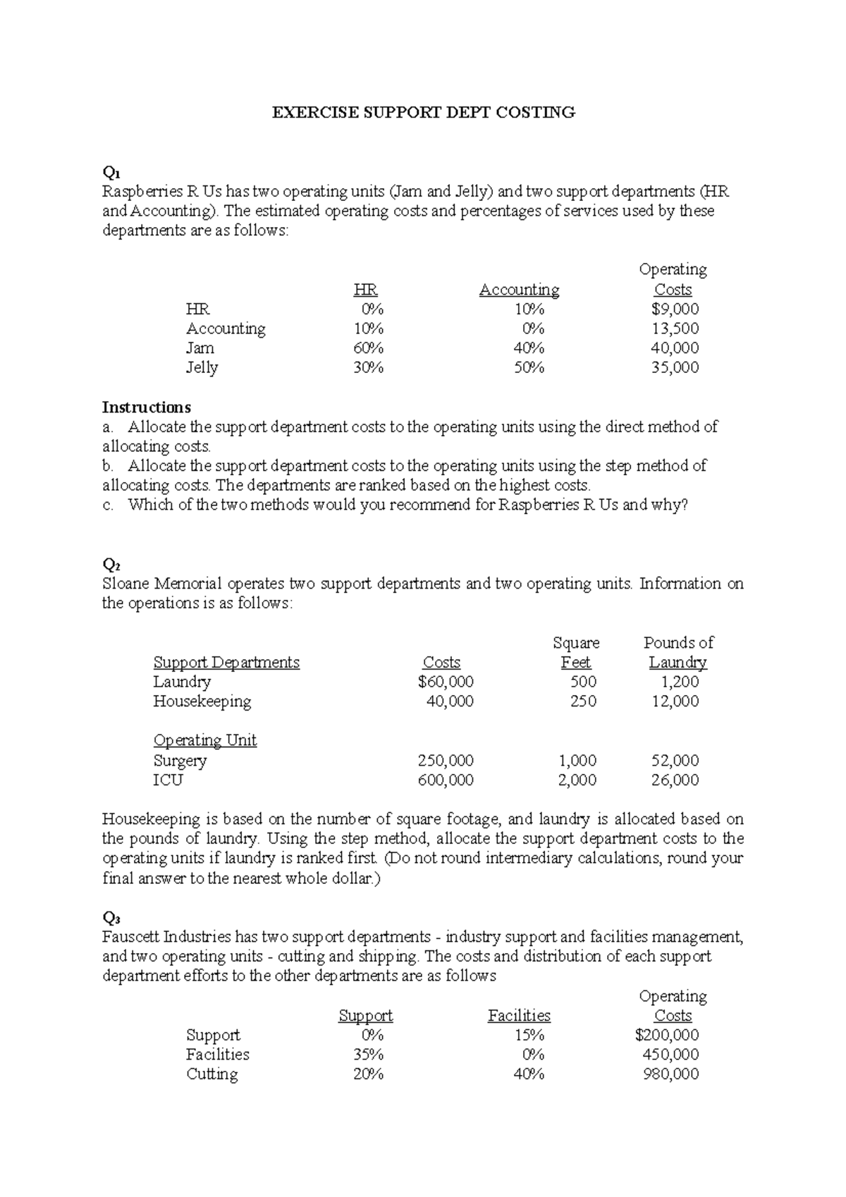 Exercise Support DEPT Costing - EXERCISE SUPPORT DEPT COSTING Q 1 ...