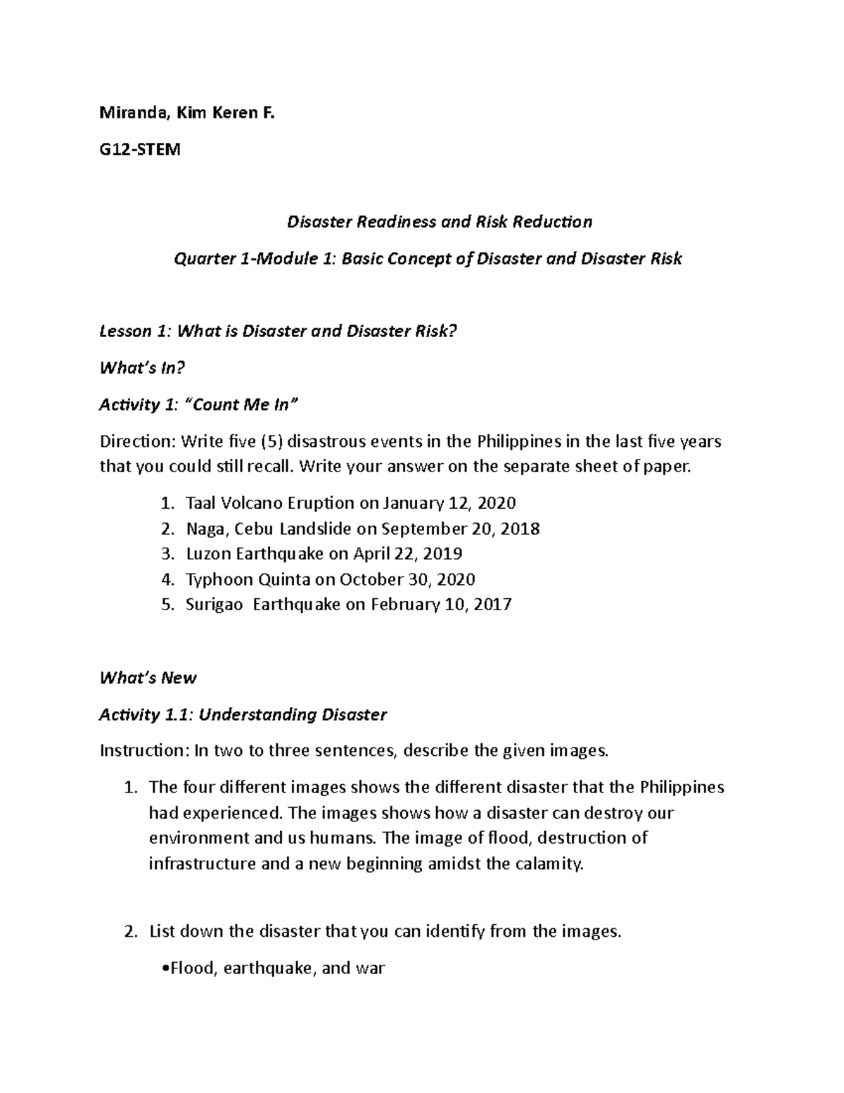 DISASTER RISK REDUCTION MANAGEMENT 111 - Miranda, Kim Keren F. G12-STEM ...