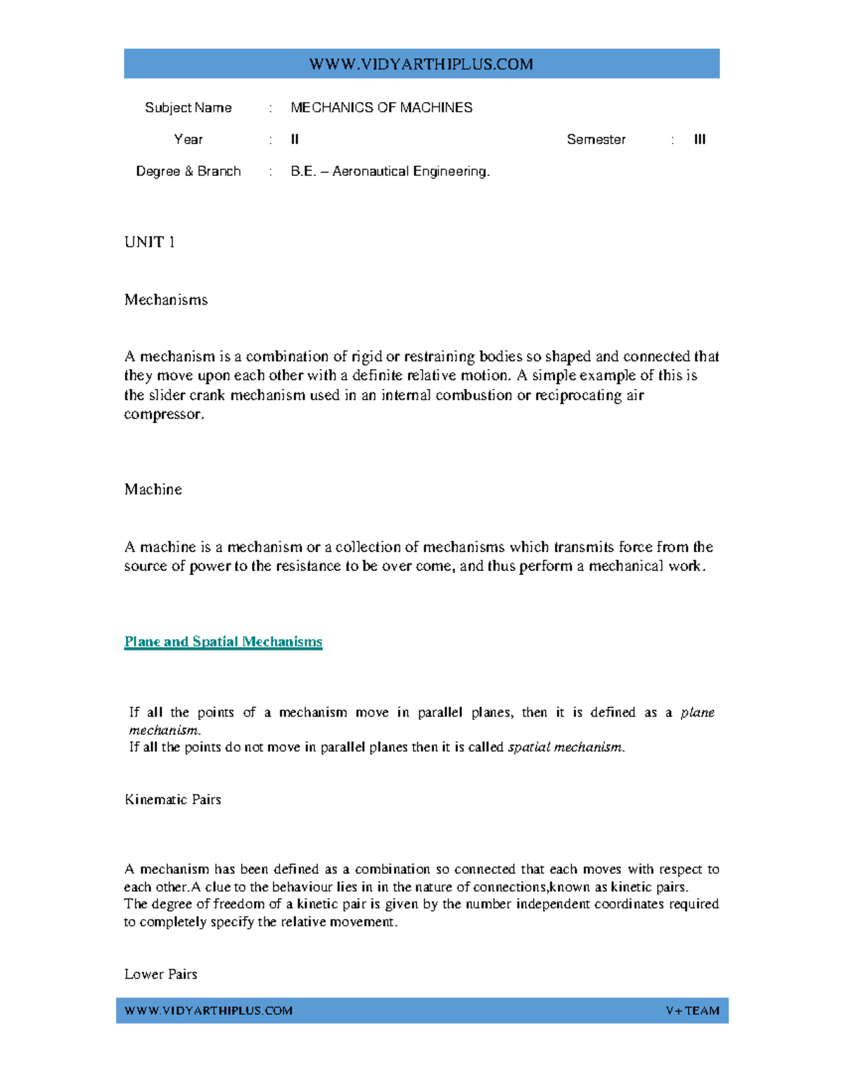 Mechanics Of Machines Notes - Subject Name : MECHANICS OF MACHINES Year ...