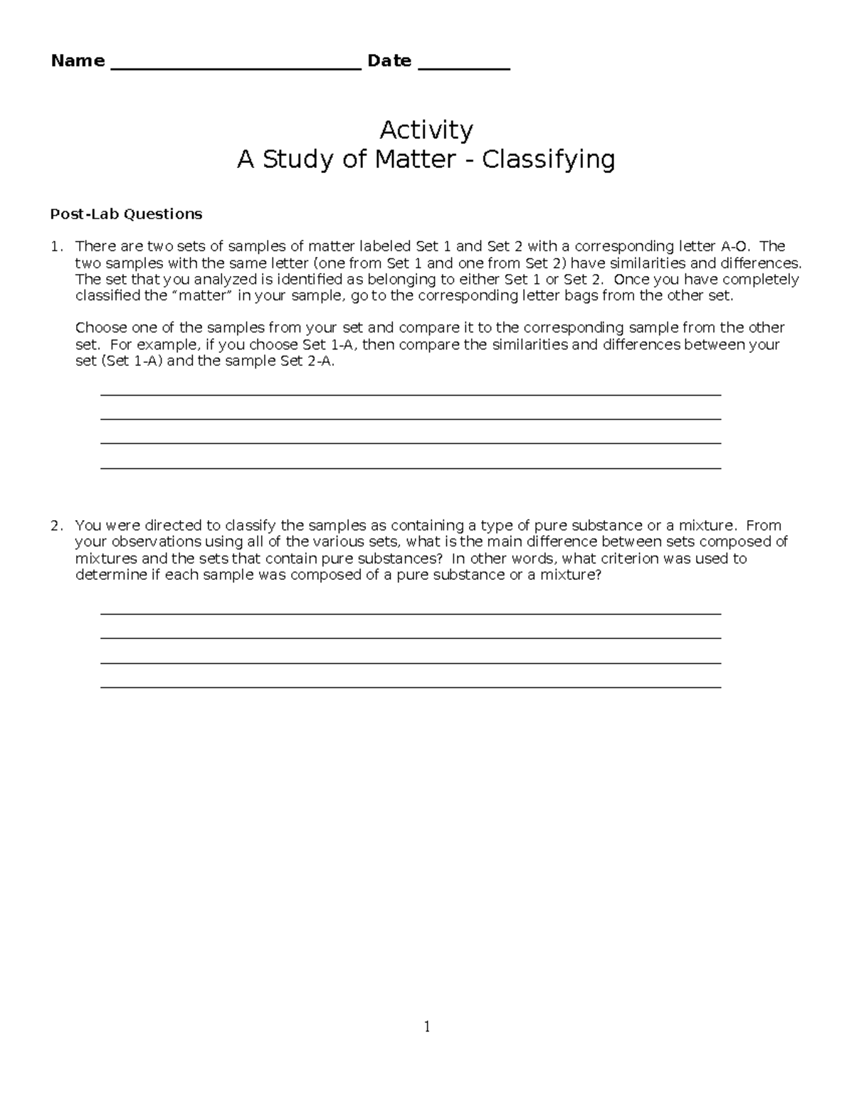 Activity - Post Lab - Classifying Matter - Name ...