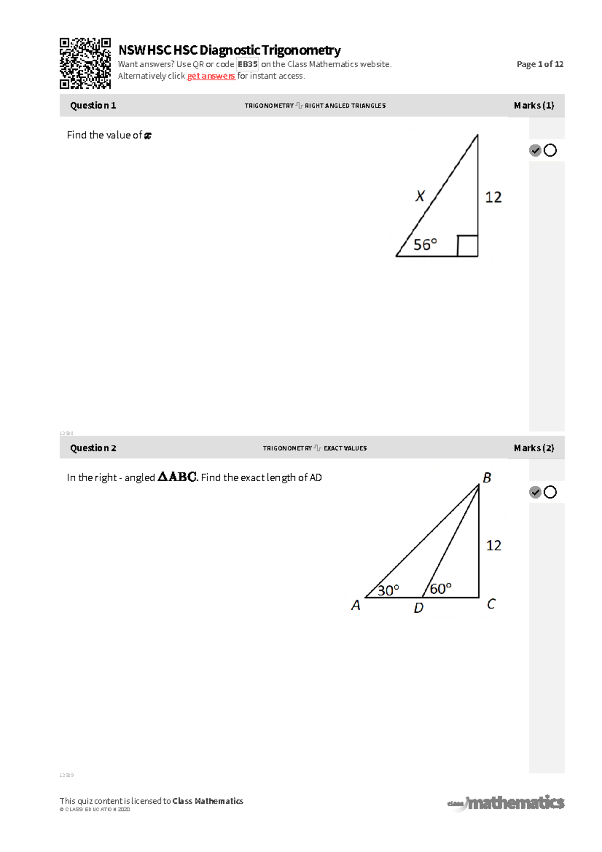NSW HSC HSC Diagnostic Trigonometry 52424 - Question 1 TRIGONOMETRY ...