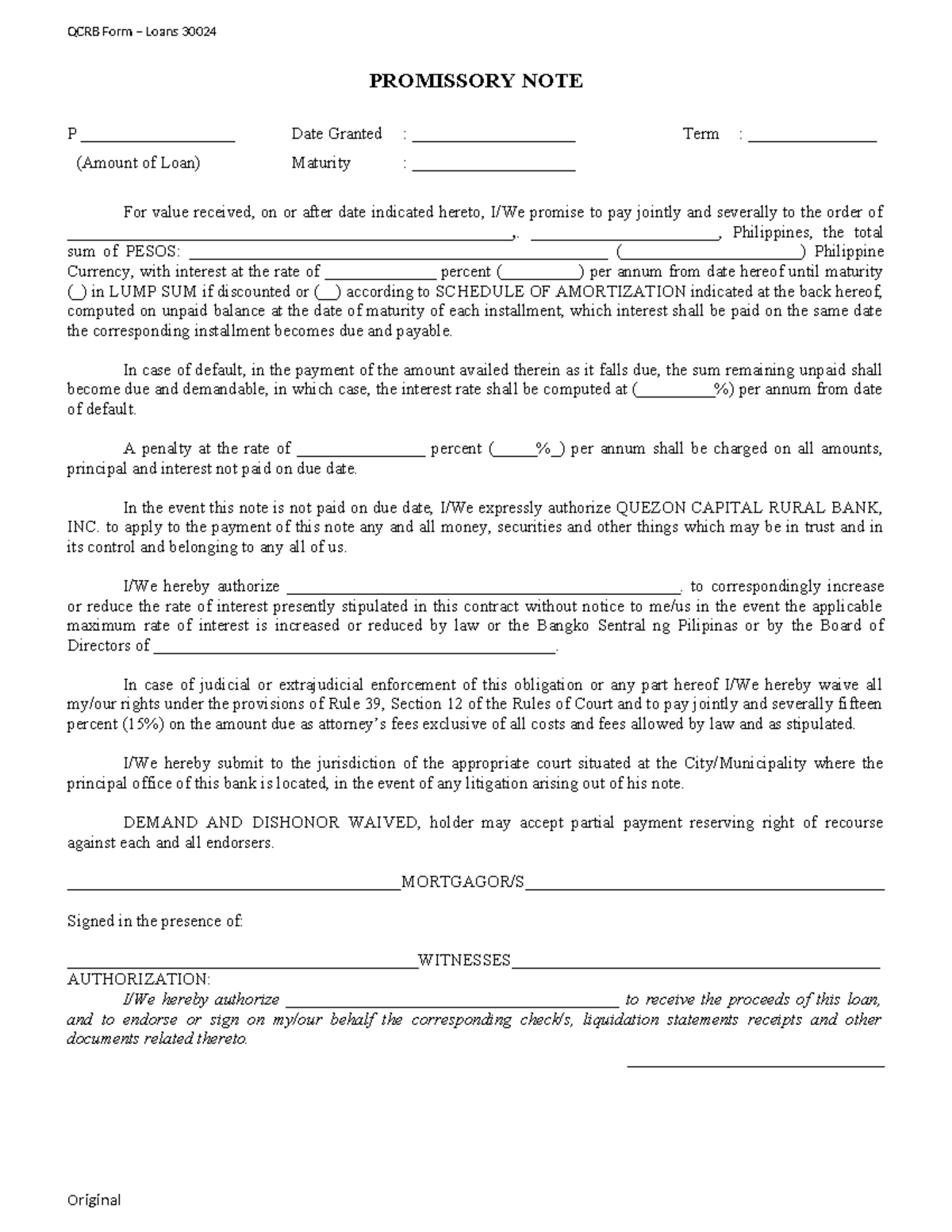 Promissory Notes - Bank Legal Documents - QCRB Form – Loans 30024 ...