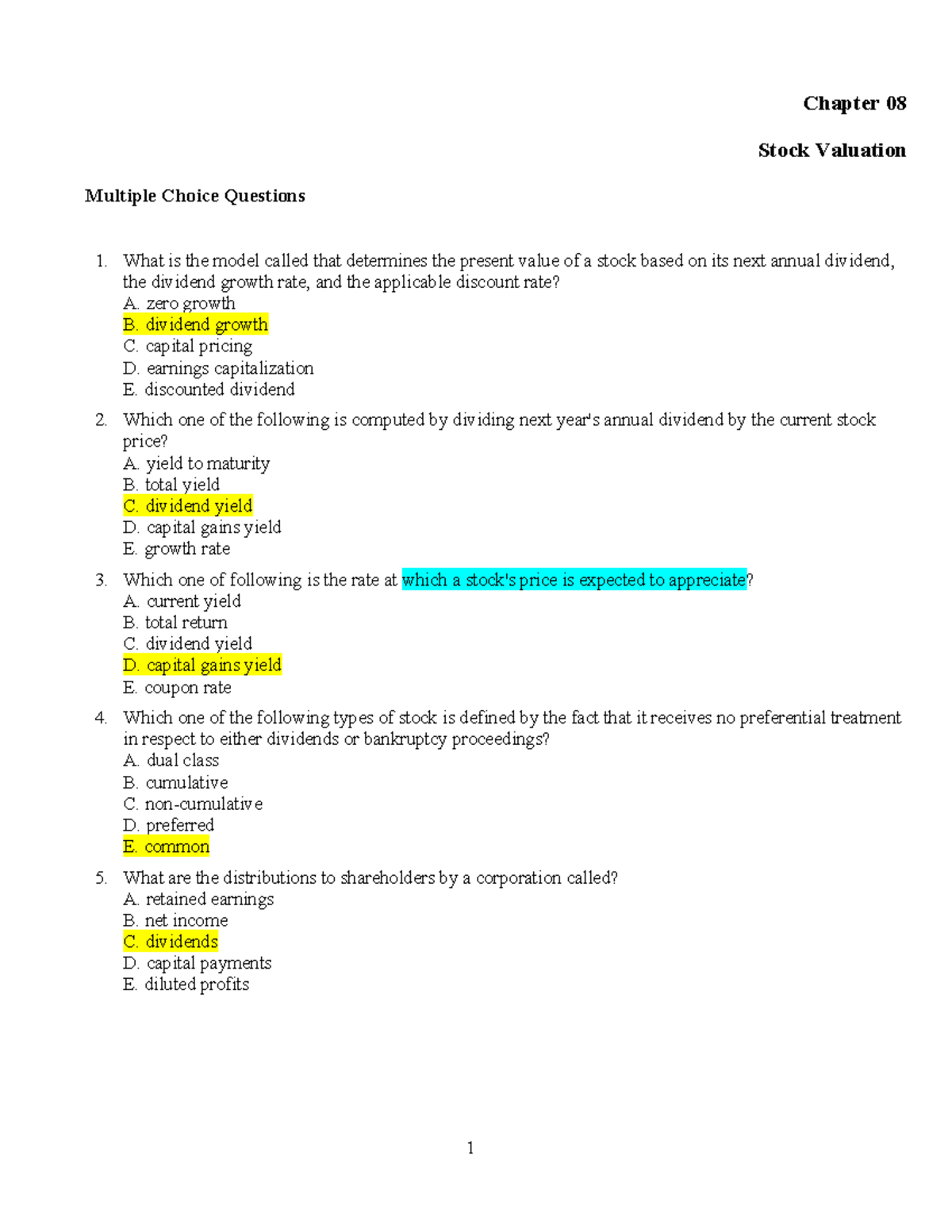 Chapter 8 Multiple choice question - Chapter 08 Stock Valuation Multiple Choice Questions What ...