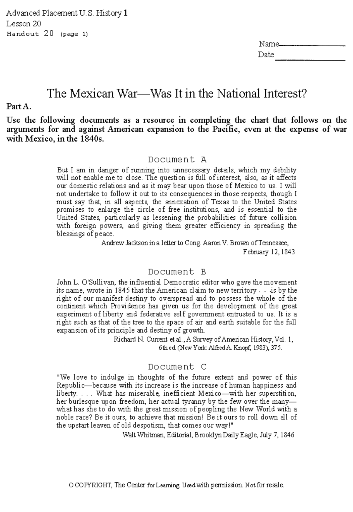Mexican+American+War+-+Doc+Analysis+Activity - Lesson 20 Handout 20 ...