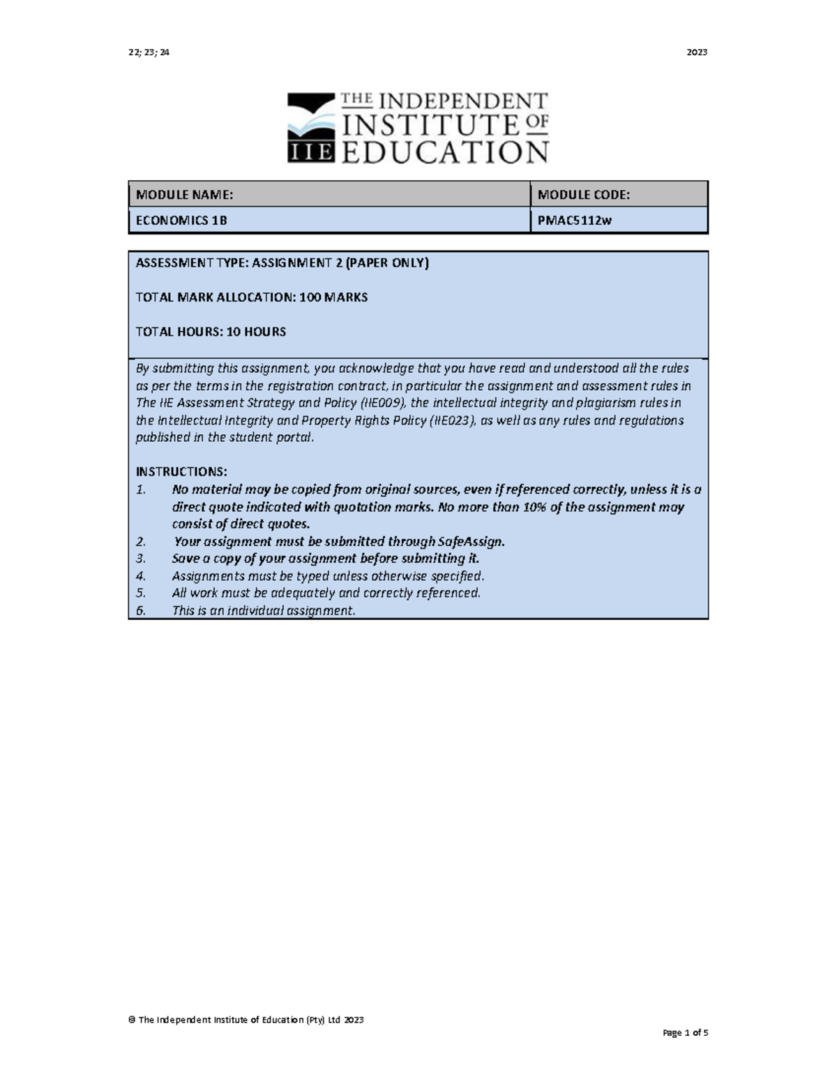 PMAC5112A2 W - Take-Home Assignment 1 - © The Independent Institute of Education (Pty) Ltd 2023 ...