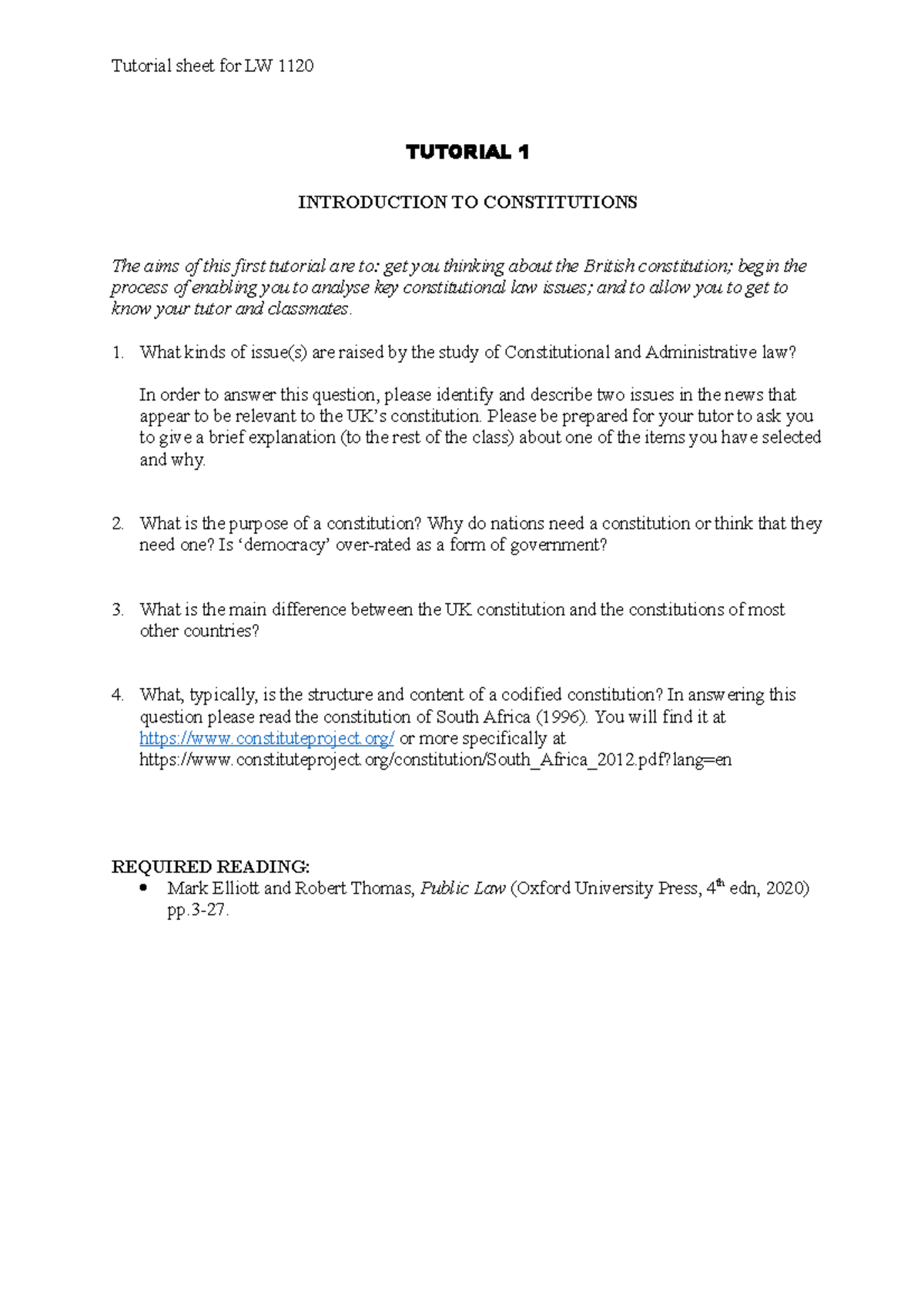 C+A tutorials Sept 2020 - Tutorial sheet for LW 1120 TUTORIAL 1 INTRODUCTION TO CONSTITUTIONS ...