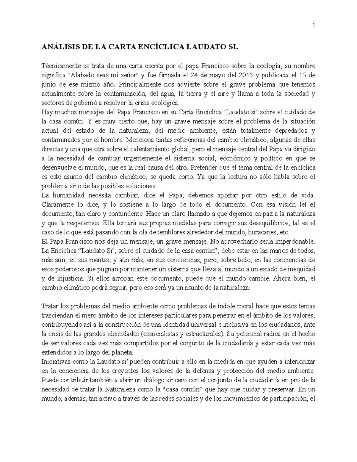 Análisis Carta Encíclica Laudato 29 09 22 - 1 ANÁLISIS DE LA CARTA ...