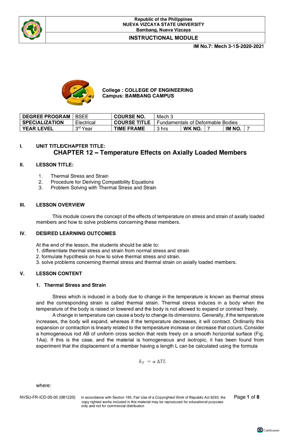 Temperature Effects on Axially Loaded Members - Bachelor of Electronics ...