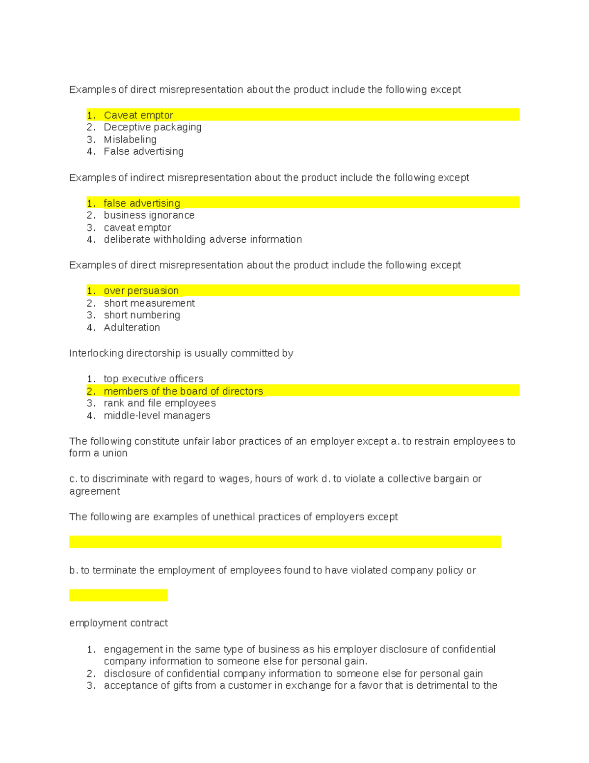 Examples of direct misrepresentation about the product include the ...