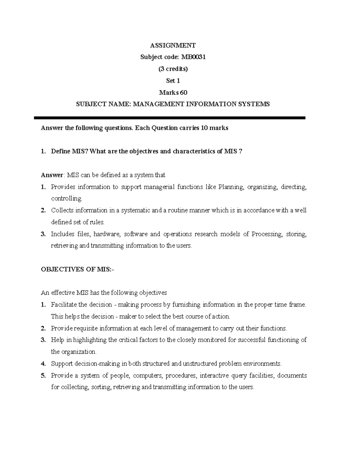 Assignment - ASSIGNMENT Subject code: MB (3 credits) Set 1 Marks 60 ...