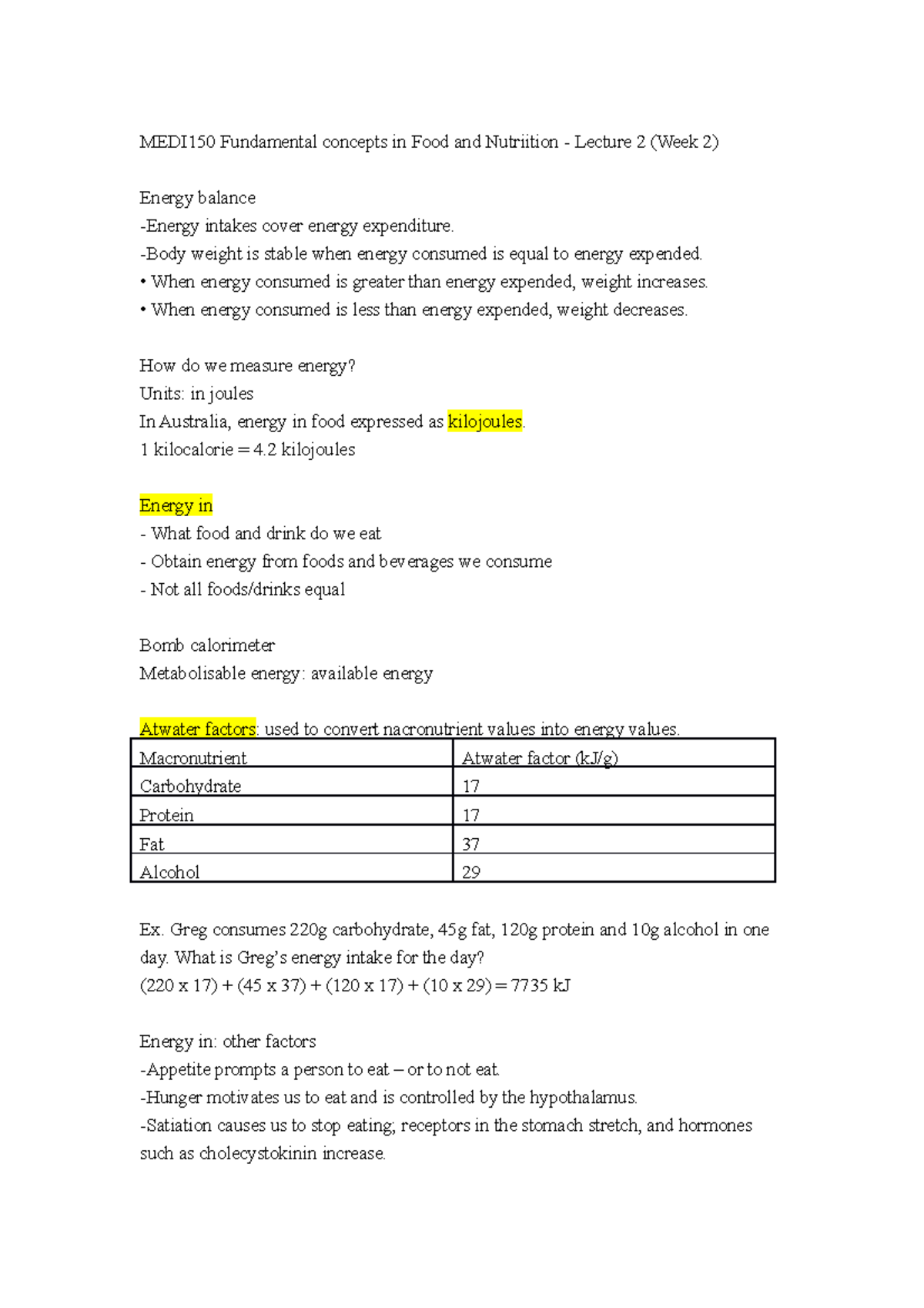 Lecture Energy Balance - MEDI150 Fundamental concepts in Food and ...