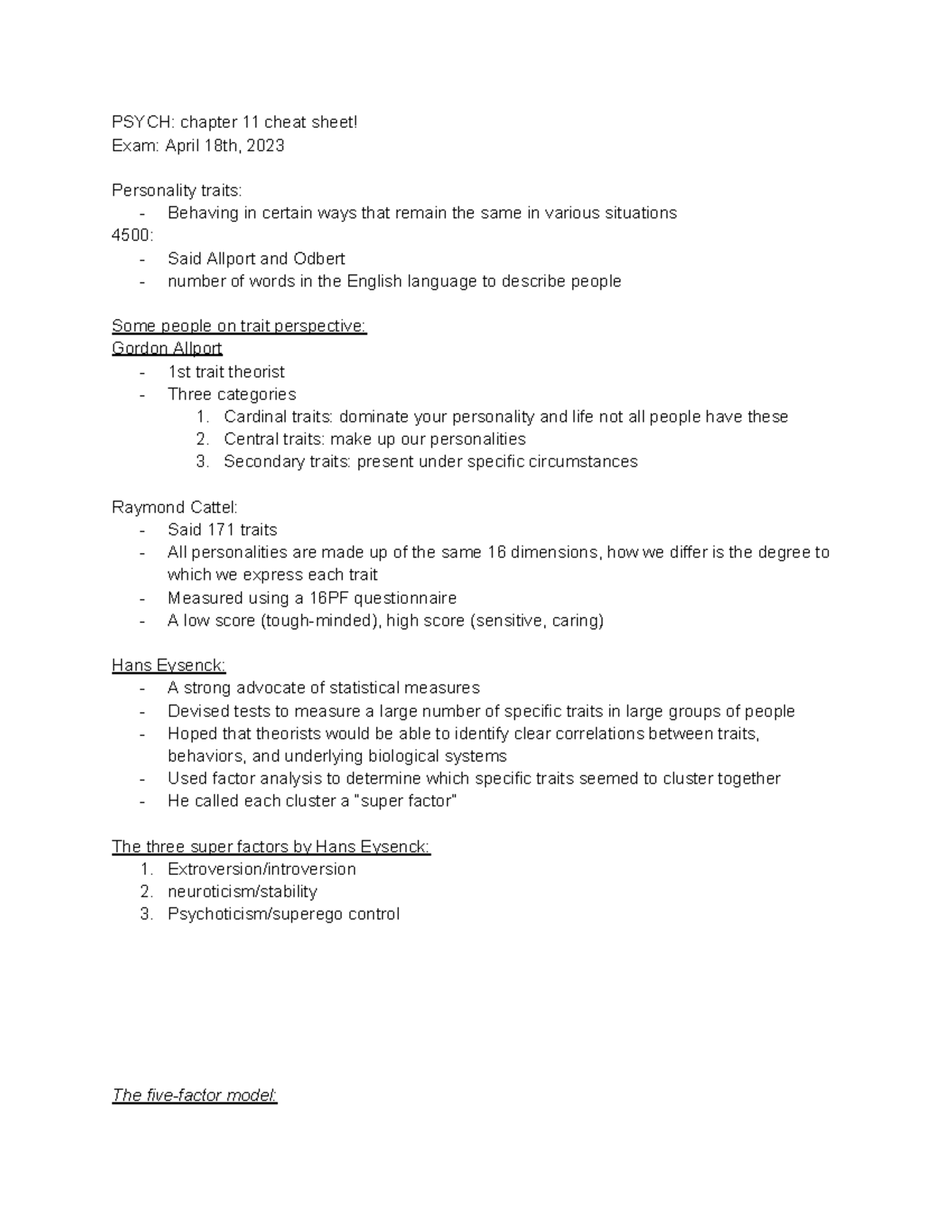 Chapter 11 : psych cheat sheet - PSYCH: chapter 11 cheat sheet! Exam ...