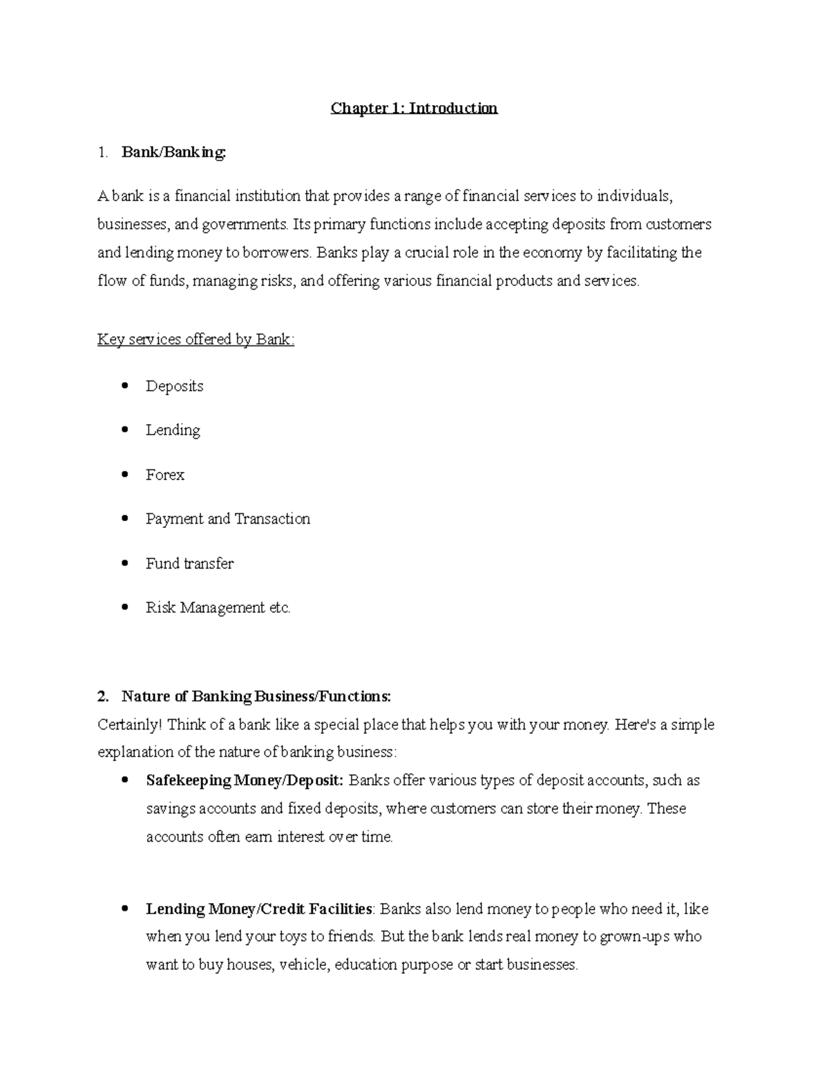 Chapter 1 - Chapter 1: Introduction Bank/Banking: A bank is a financial institution that ...