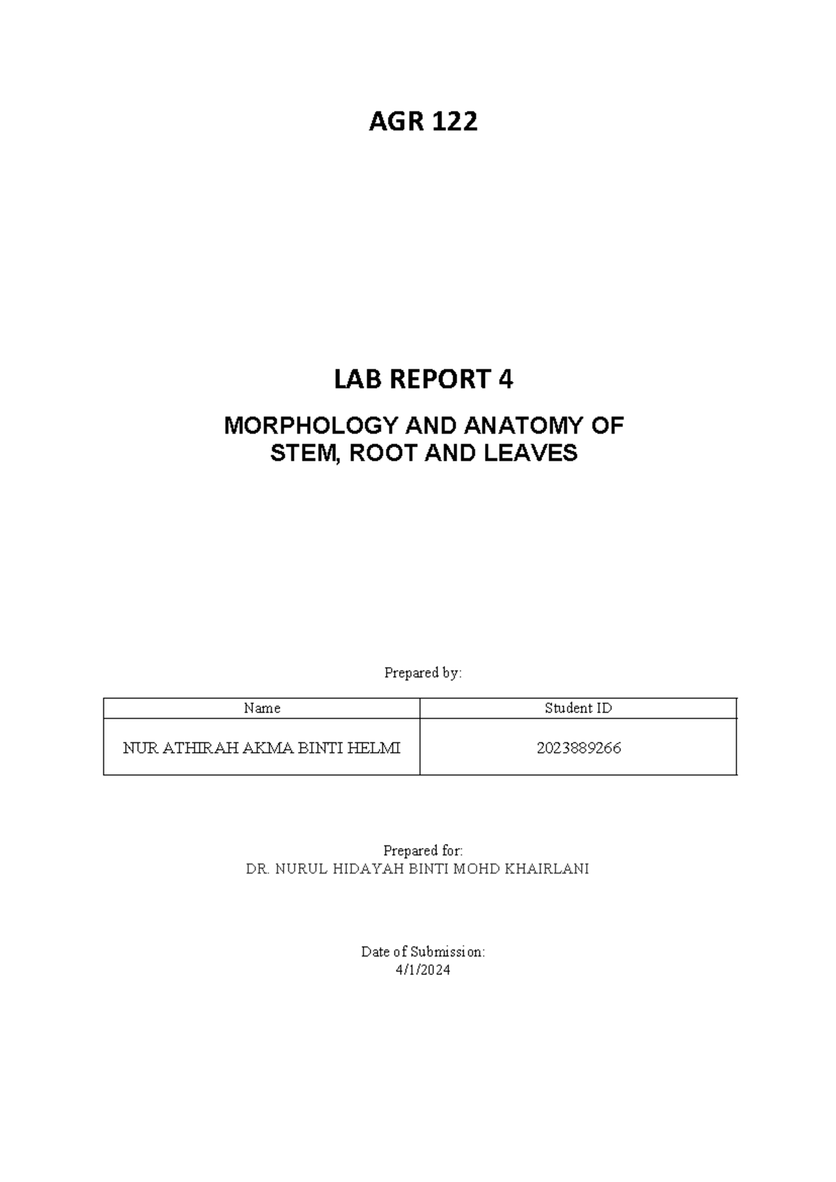 ( LAB Report 4 ) - AGR 122 LAB REPORT 4 MORPHOLOGY AND ANATOMY OF STEM ...