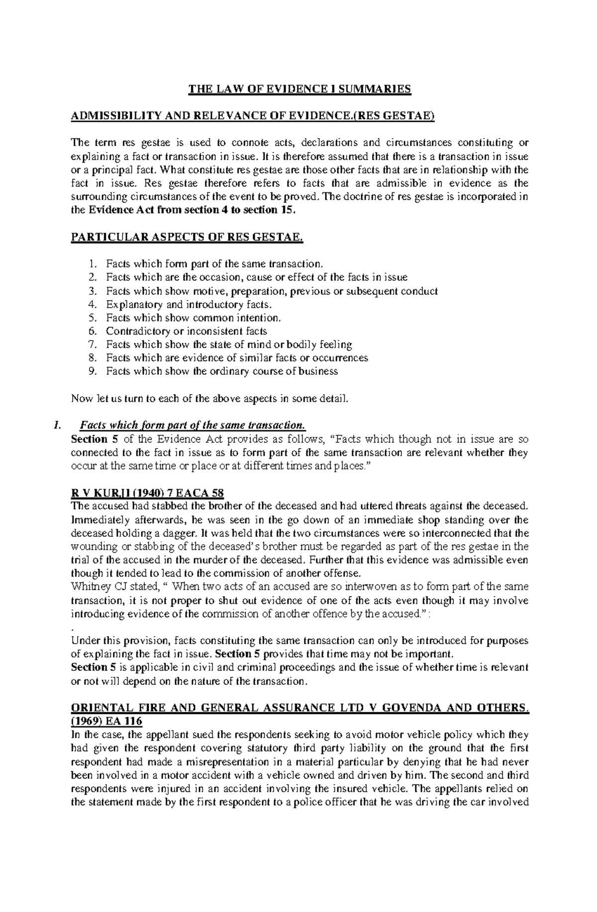 Evidence 1 Notes - Good - THE LAW OF EVIDENCE I SUMMARIES ADMISSIBILITY ...