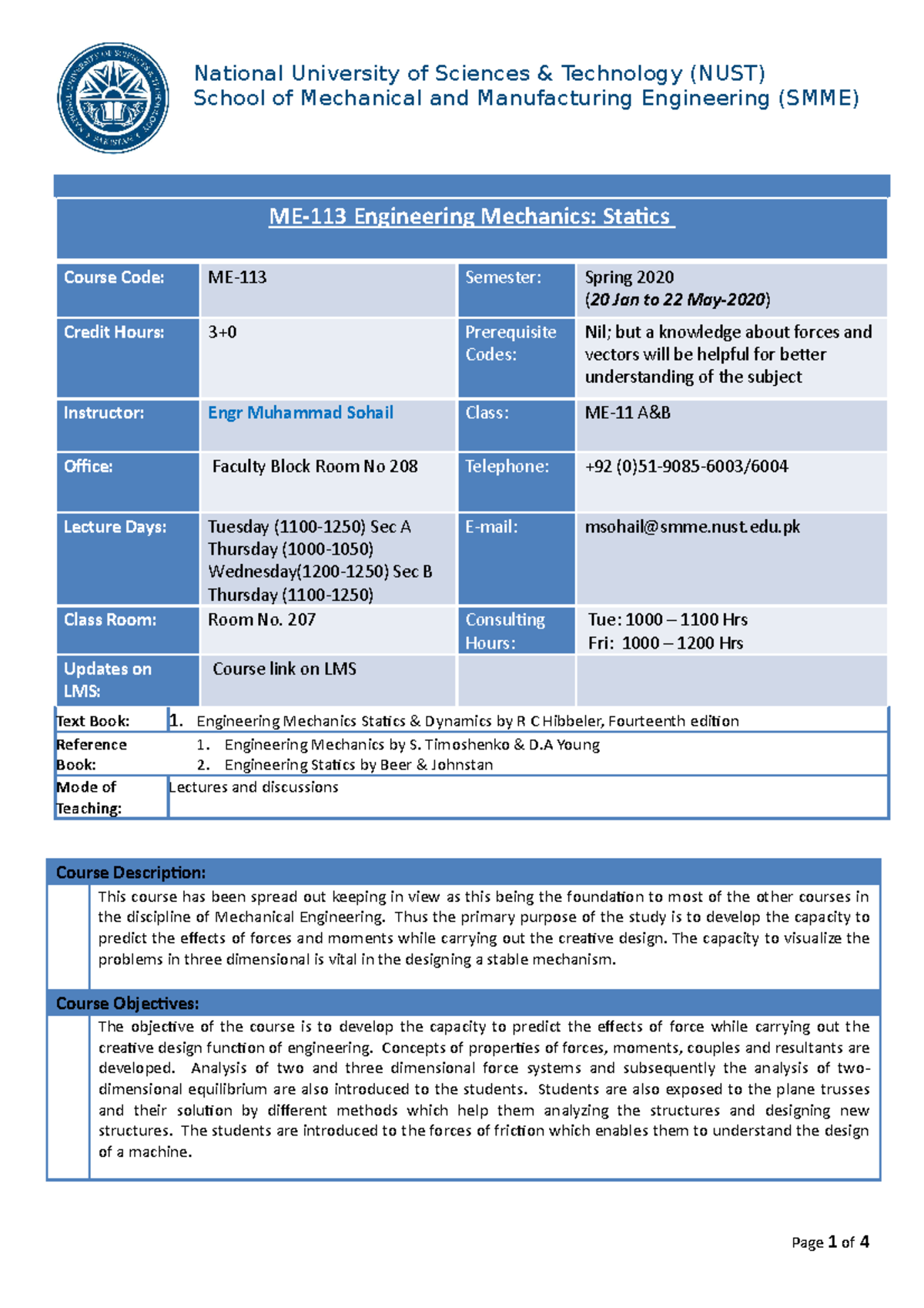 Spring 2020 Course outline - Engg Statics ME- 113 Class ME-11 - School ...
