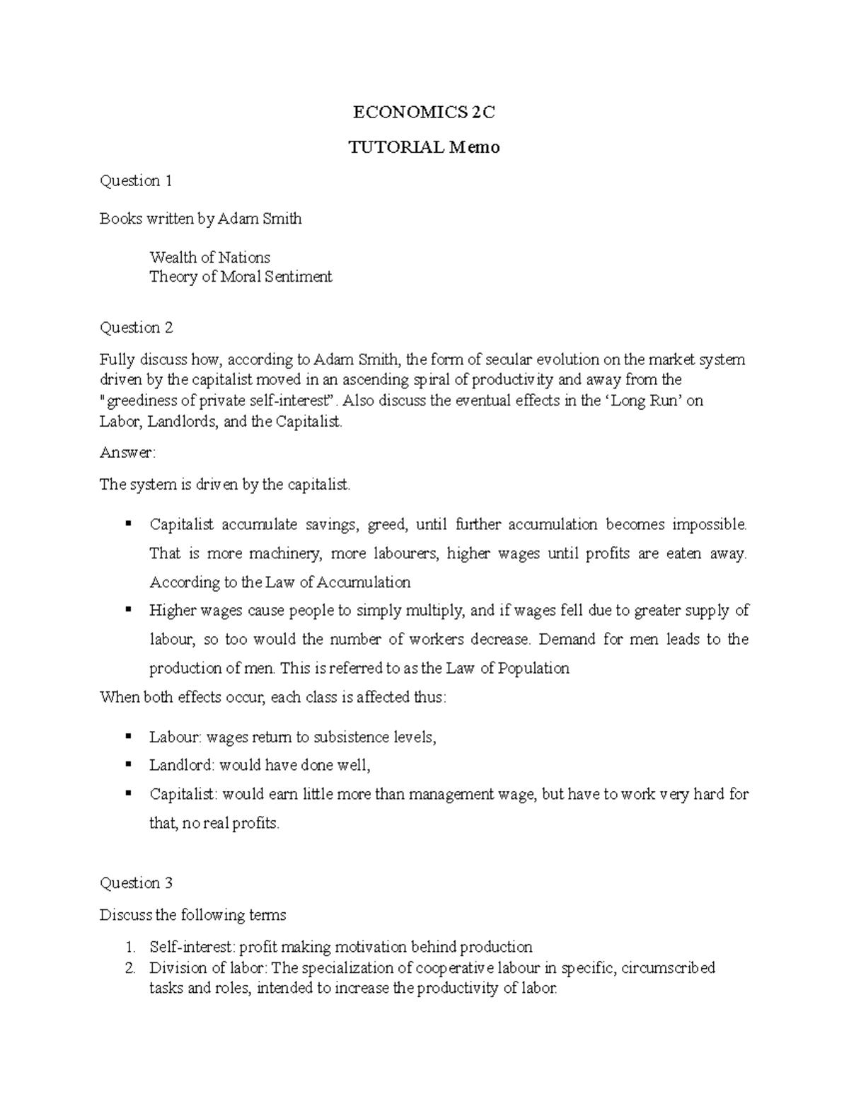 Economics 2c Tutorial 1 Memo 2023 Economics 2c Tutorial Memo Question