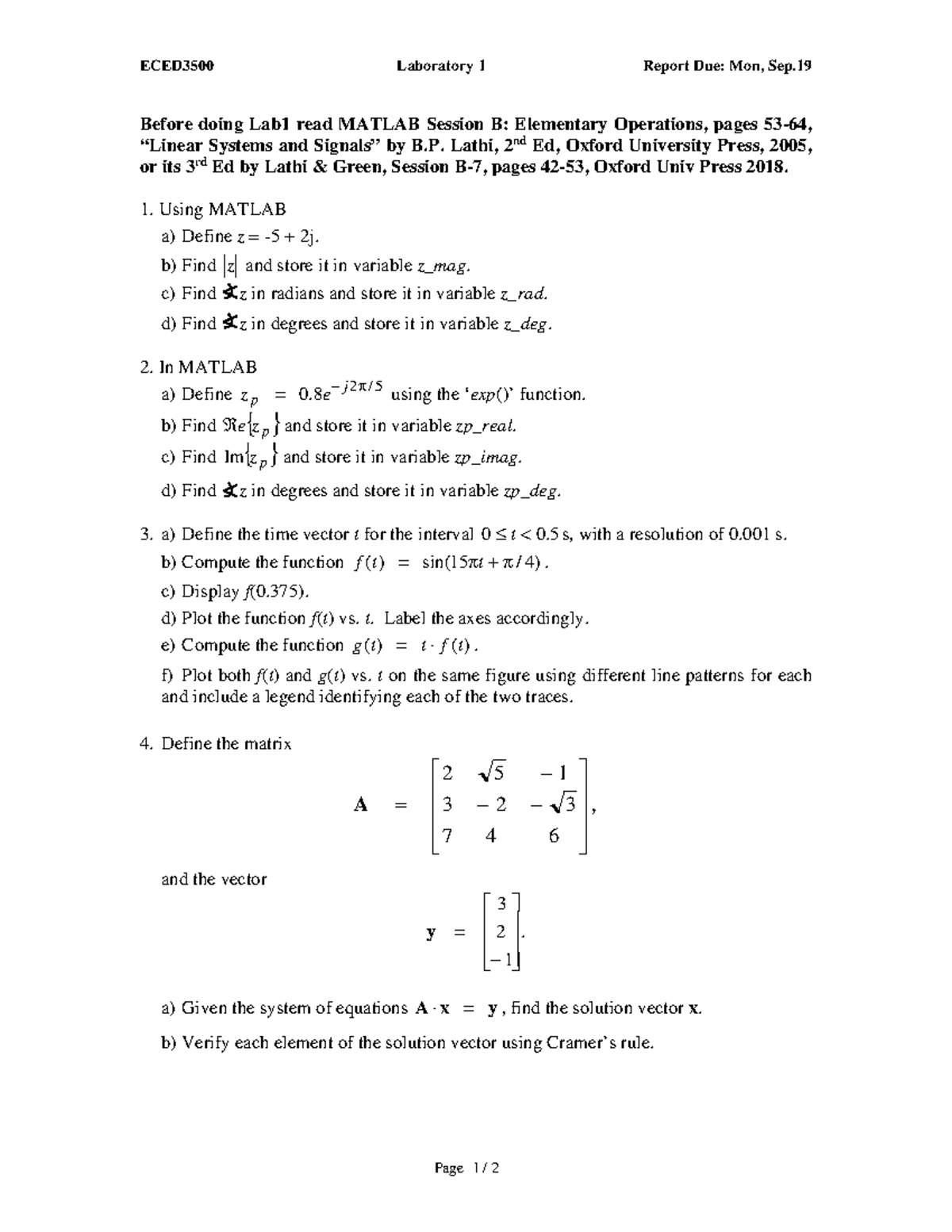 Lab01 - to be done using matlab - ECED3500 Laboratory 1 Report Due: Mon, Sep. Page / 2 1 Before ...