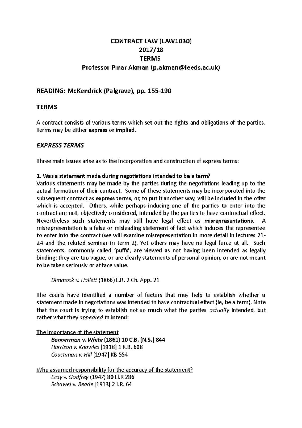 Contract, Terms, Handout - CONTRACT LAW (LAW1030) 2017/ TERMS Professor ...