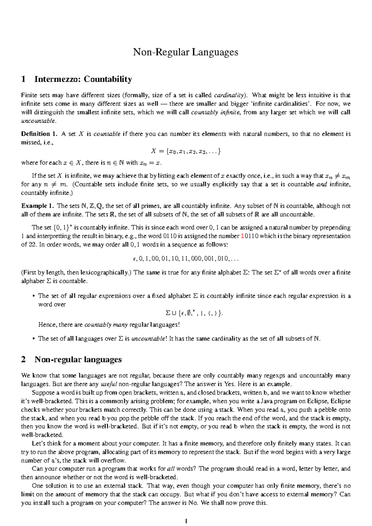 Handout 3b - Non Regular Languages and Countability - Non-Regular ...