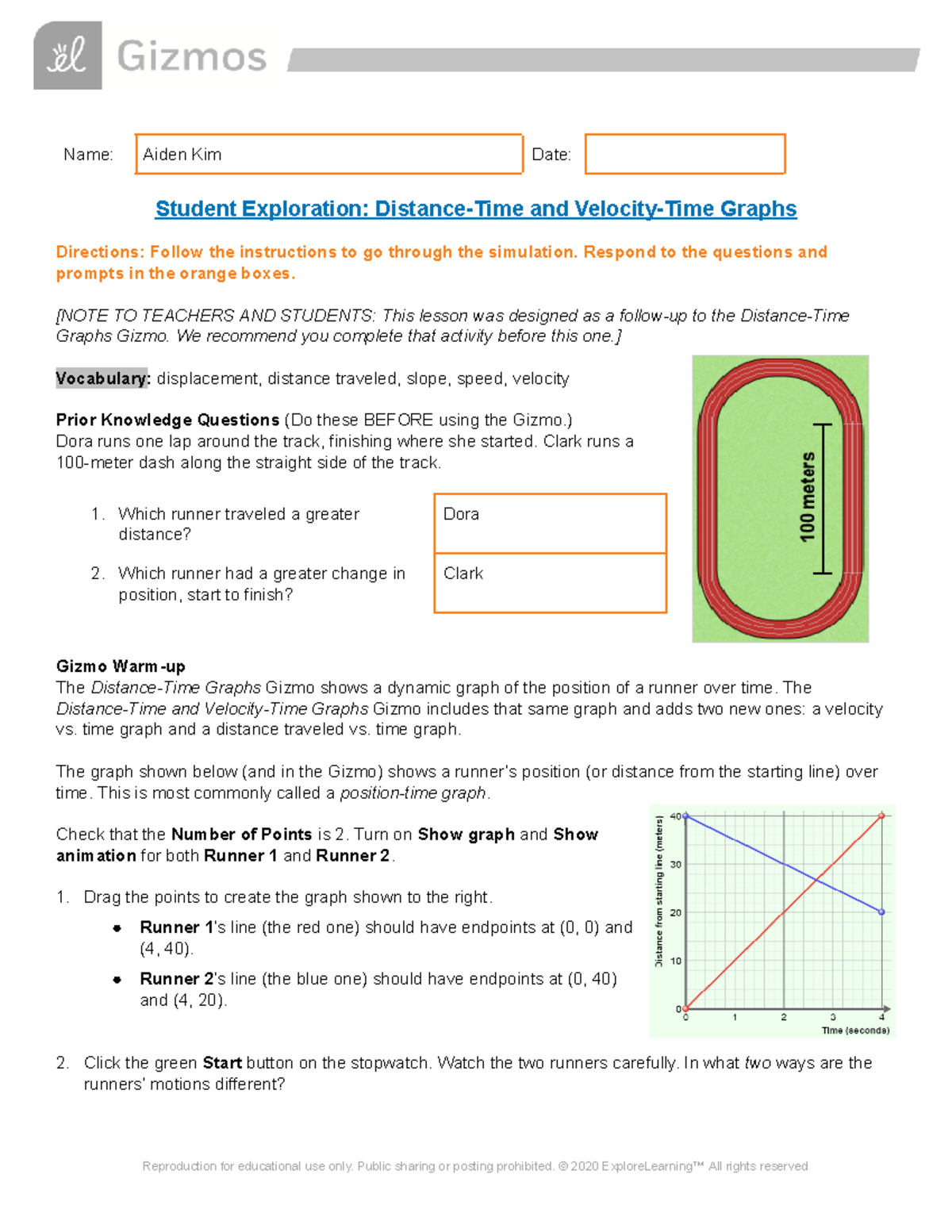Gizmos Lab Distance-Time&Velocity-Time Graphs Aiden Kim - Name: Aiden ...