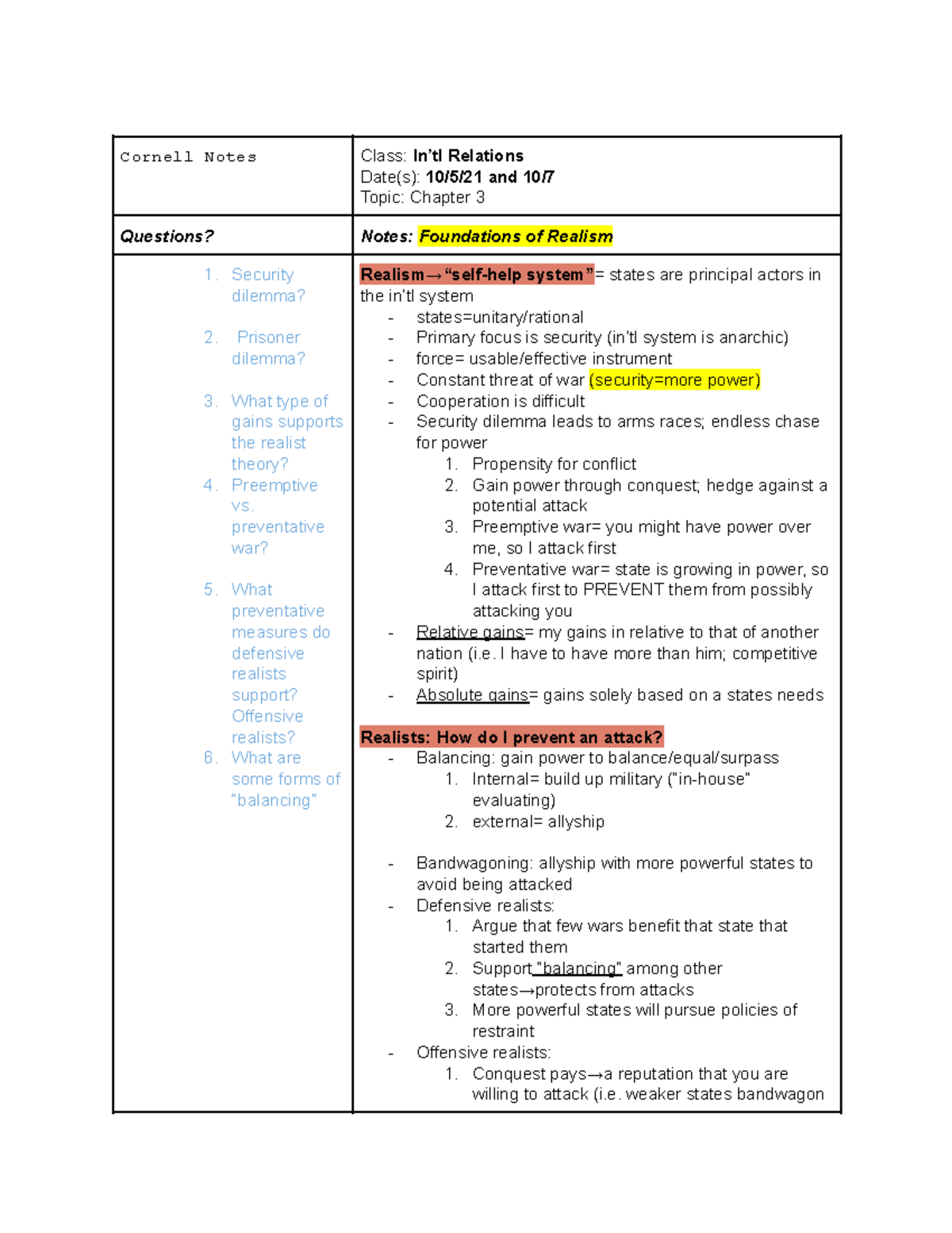 Class Cornell Notes 10 5 and 10 7 - Cornell Notes Class: In’tl ...