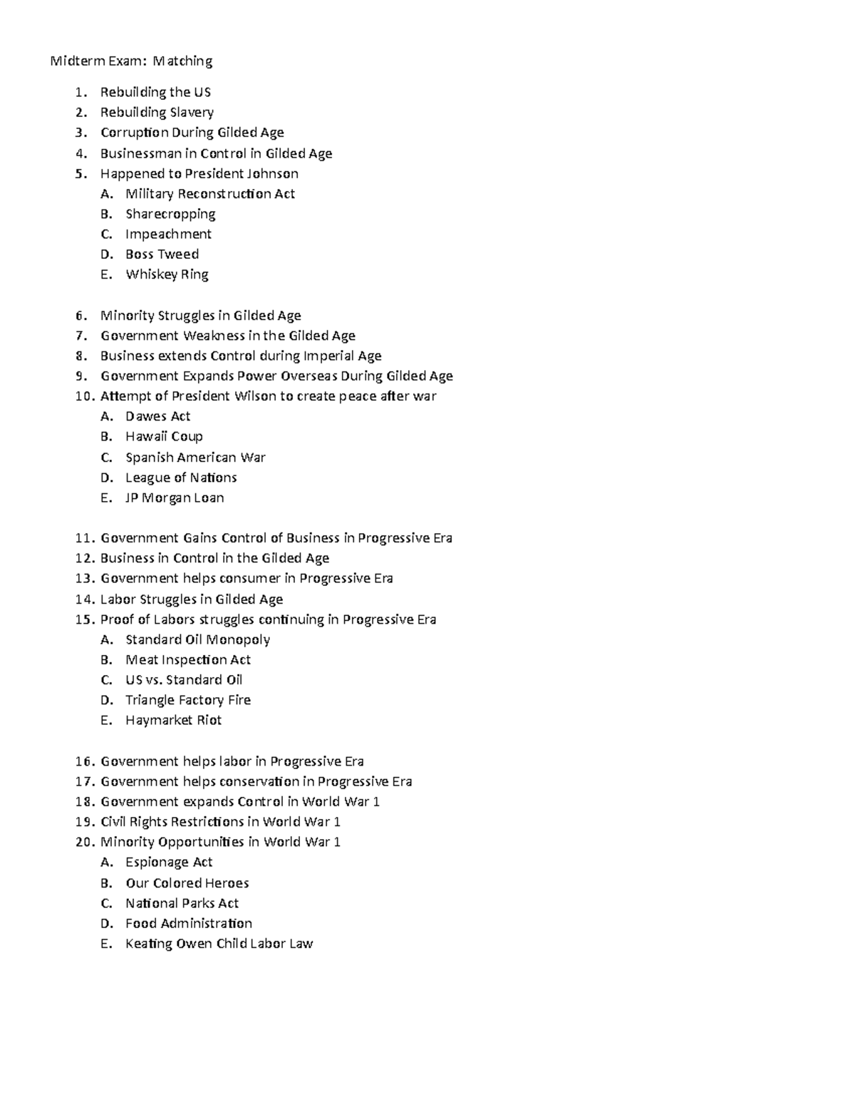Midterm Exam - Practice Test - Midterm Exam: Matching Rebuilding the US ...