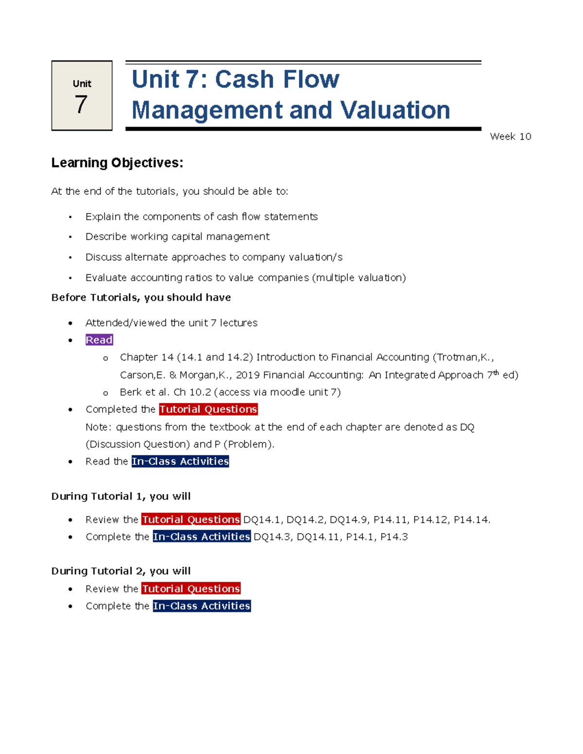 Unit 7 Tutorials - Answers V1 - Unit 7 Unit 7: Cash Flow Management and Valuation Week 10 ...