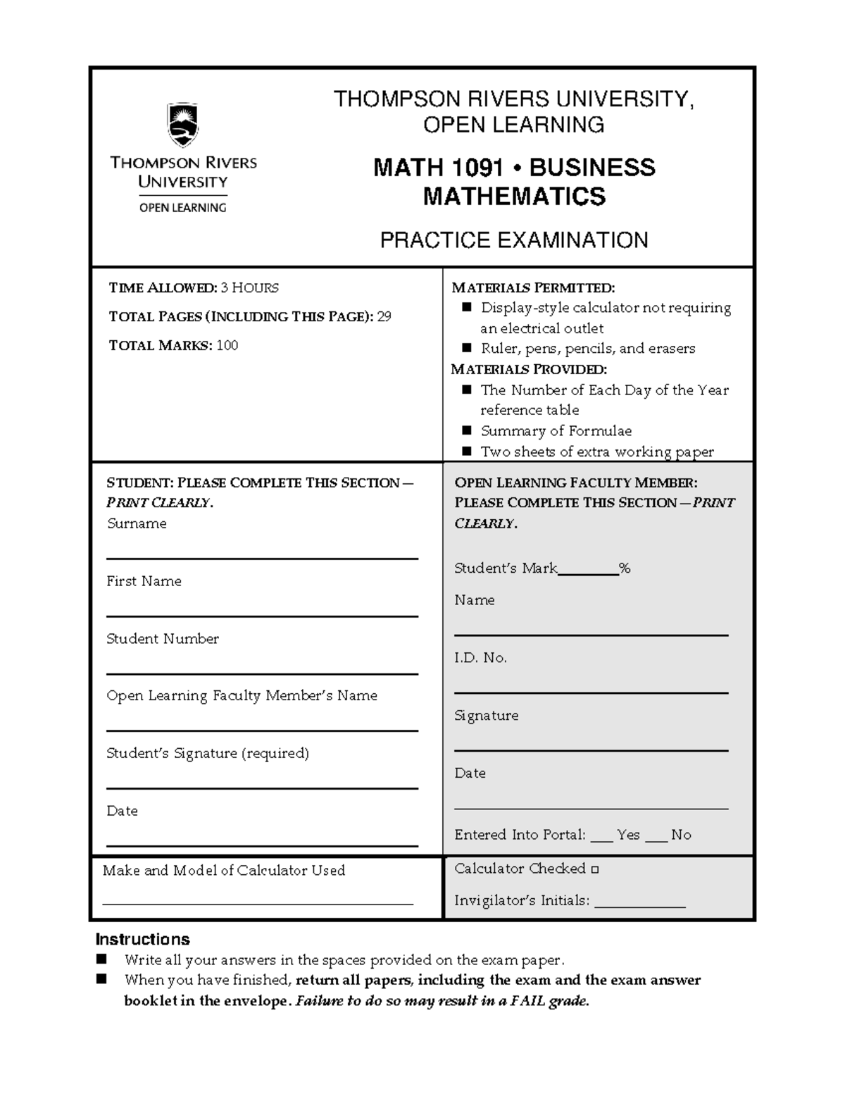 MATH1091 PE 01MAY18 - comm 355 - Instructions Write all your answers in ...