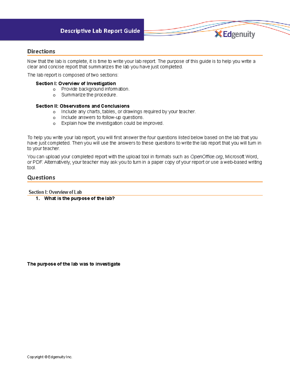 Descriptive Lab Report Guide - Directions Now that the lab is complete ...