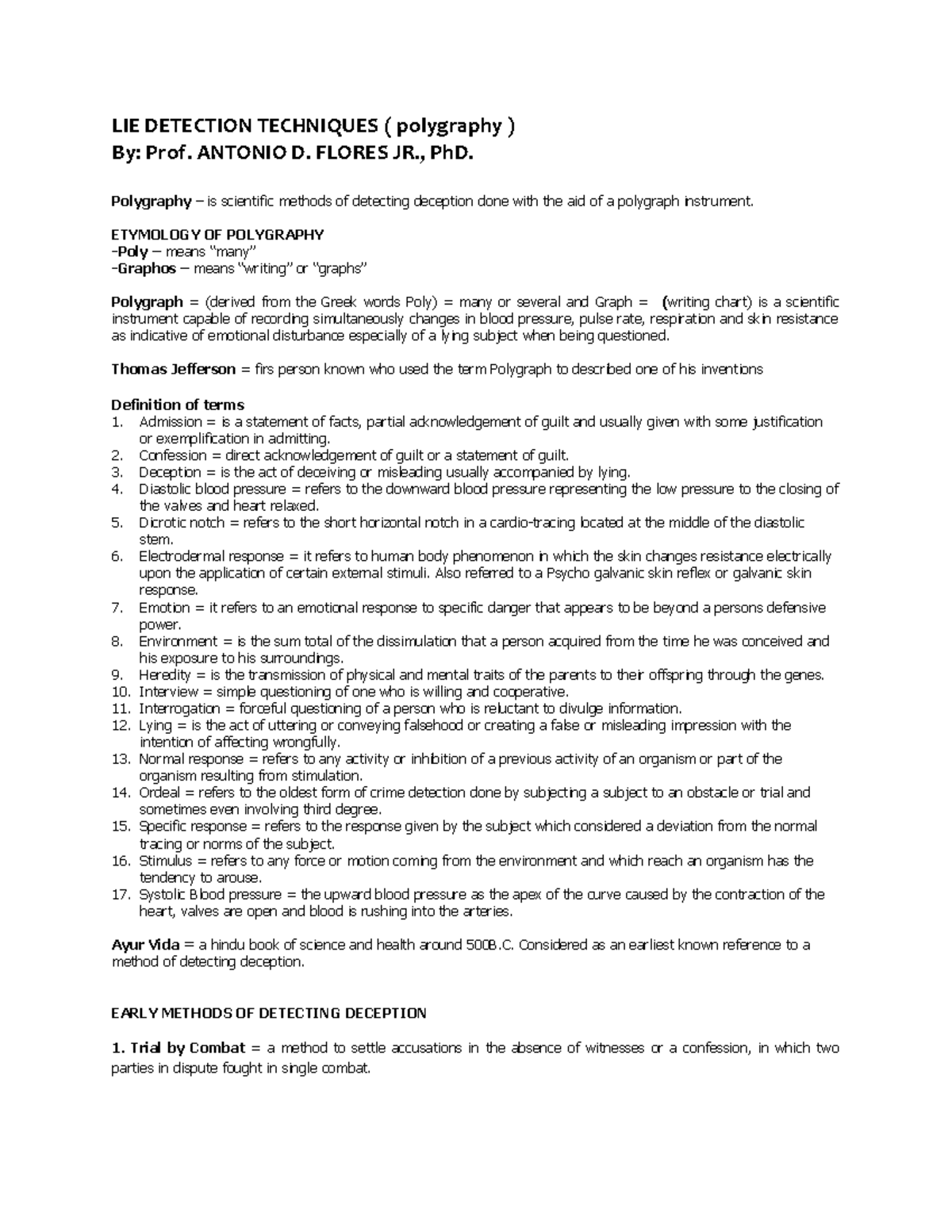 Pdfcoffee - LIE DETECTION TECHNIQUES ( polygraphy ) By: Prof. ANTONIO D. FLORES JR., PhD ...