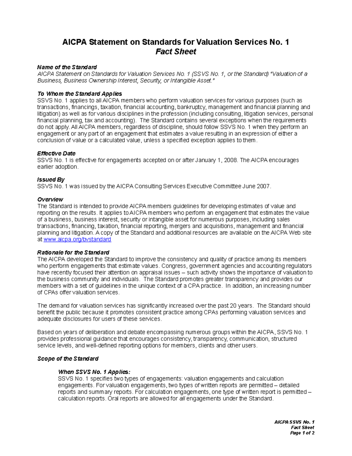 Valuation standard fact sheet - AICPA Statement on Standards for ...