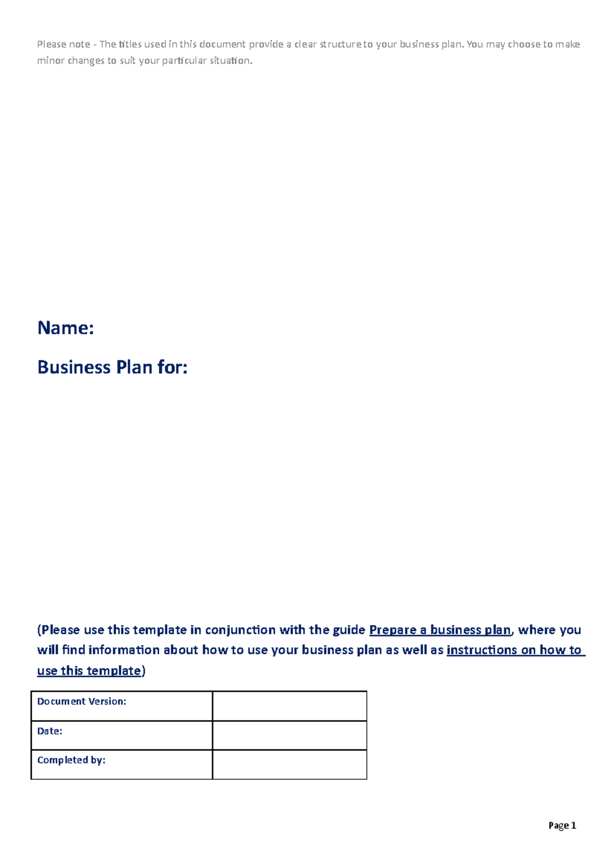 Business Plan Template for SHS - Please note - The titles used in this ...