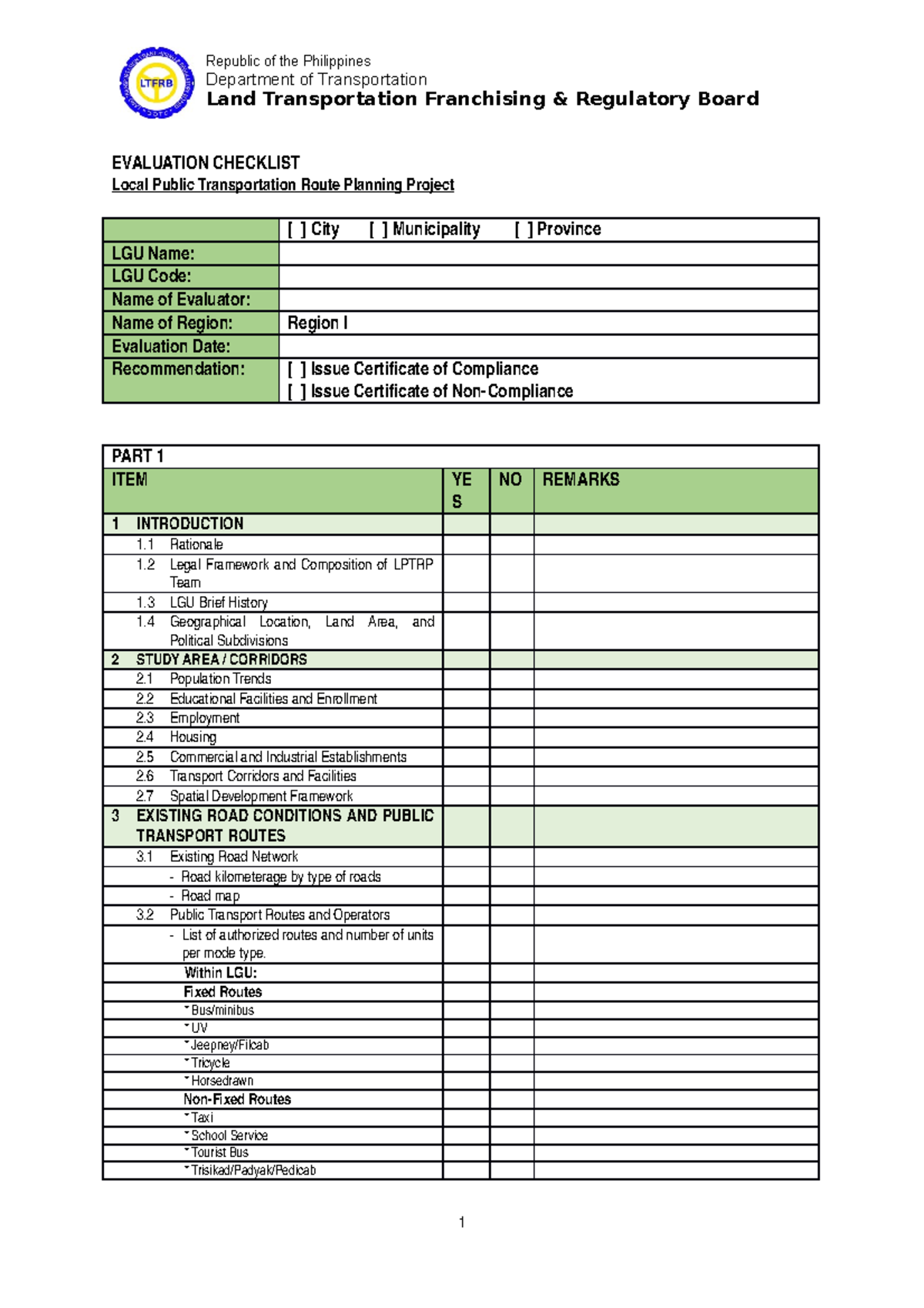 Evaluation Sheet - Local Public Transport Plan - EVALUATION CHECKLIST ...