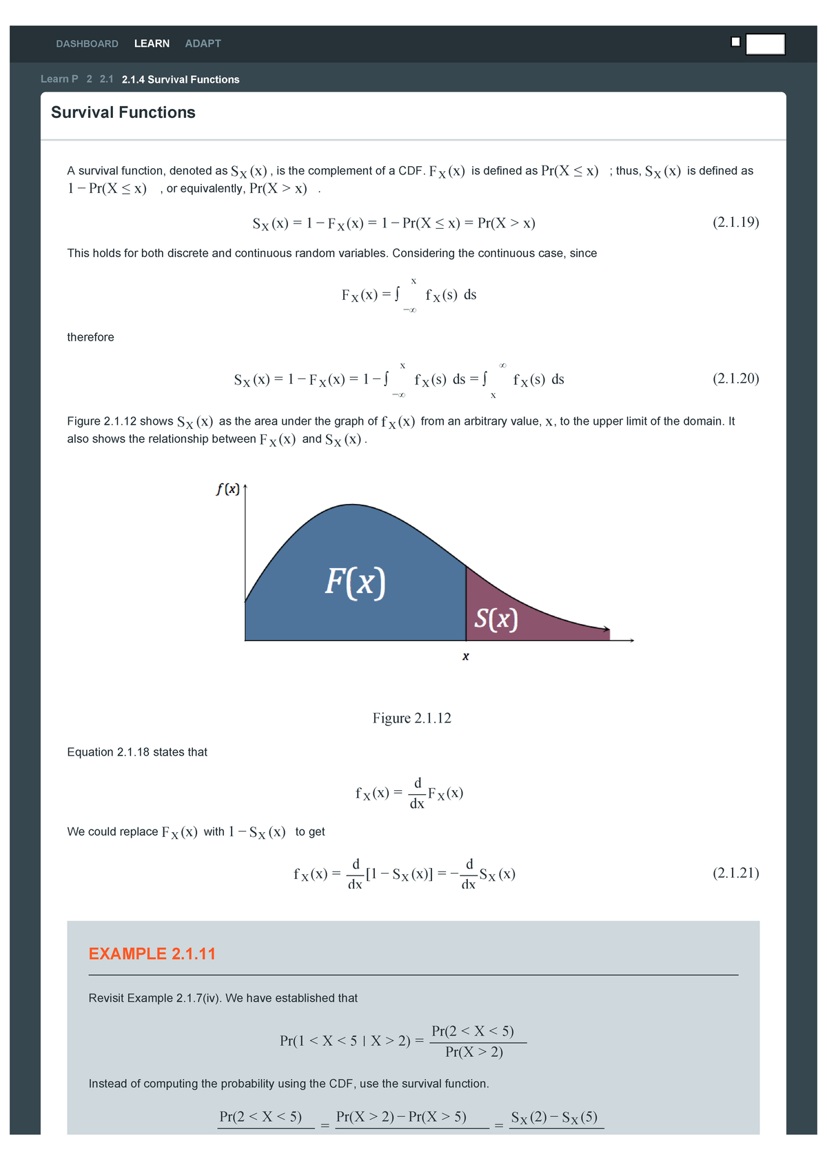 11. Survival Functions - DASHBOARD LEARN ADAPT Learn P 2 2 2.1 Survival Functions MENU Survival ...