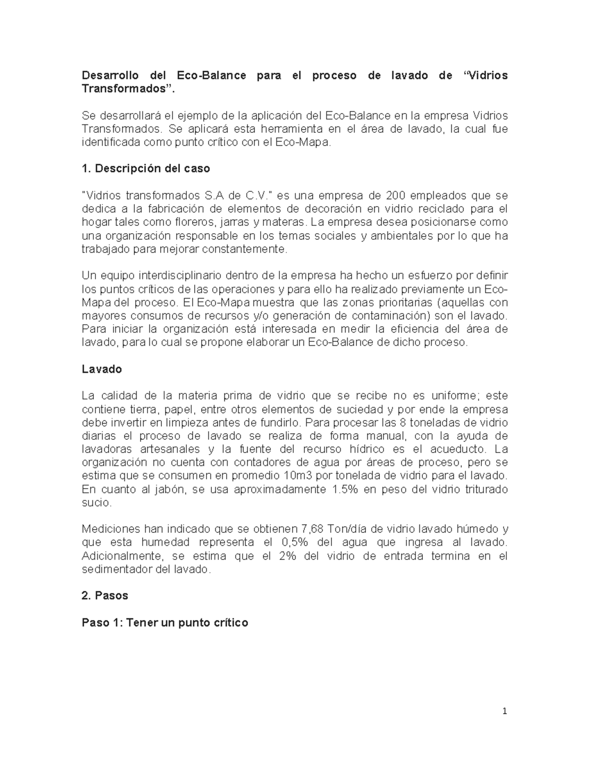05 Ejemplo DE Ecobalance - Desarrollo del Eco-Balance para el proceso de lavado de “Vidrios ...