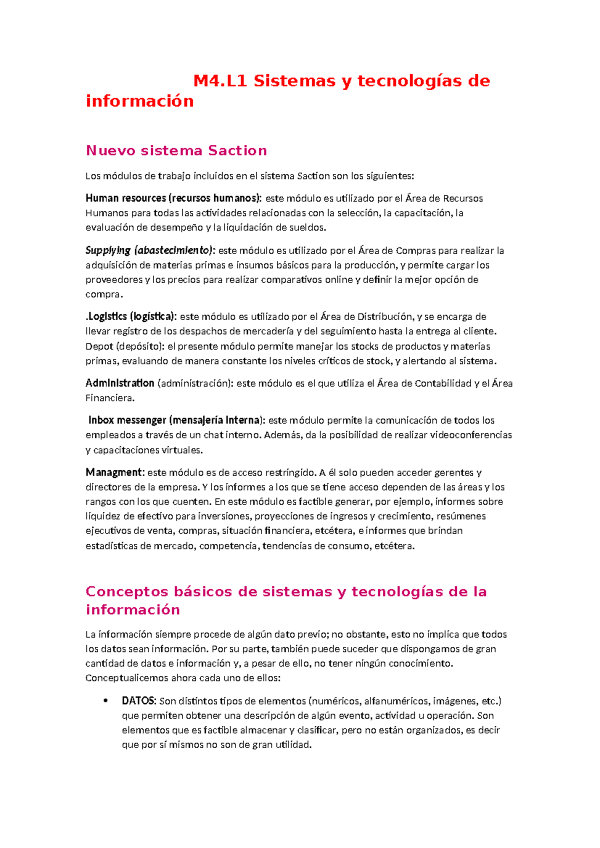 M4 SIO resumen - M4 Sistemas y tecnologías de información Nuevo sistema Saction Los módulos de ...